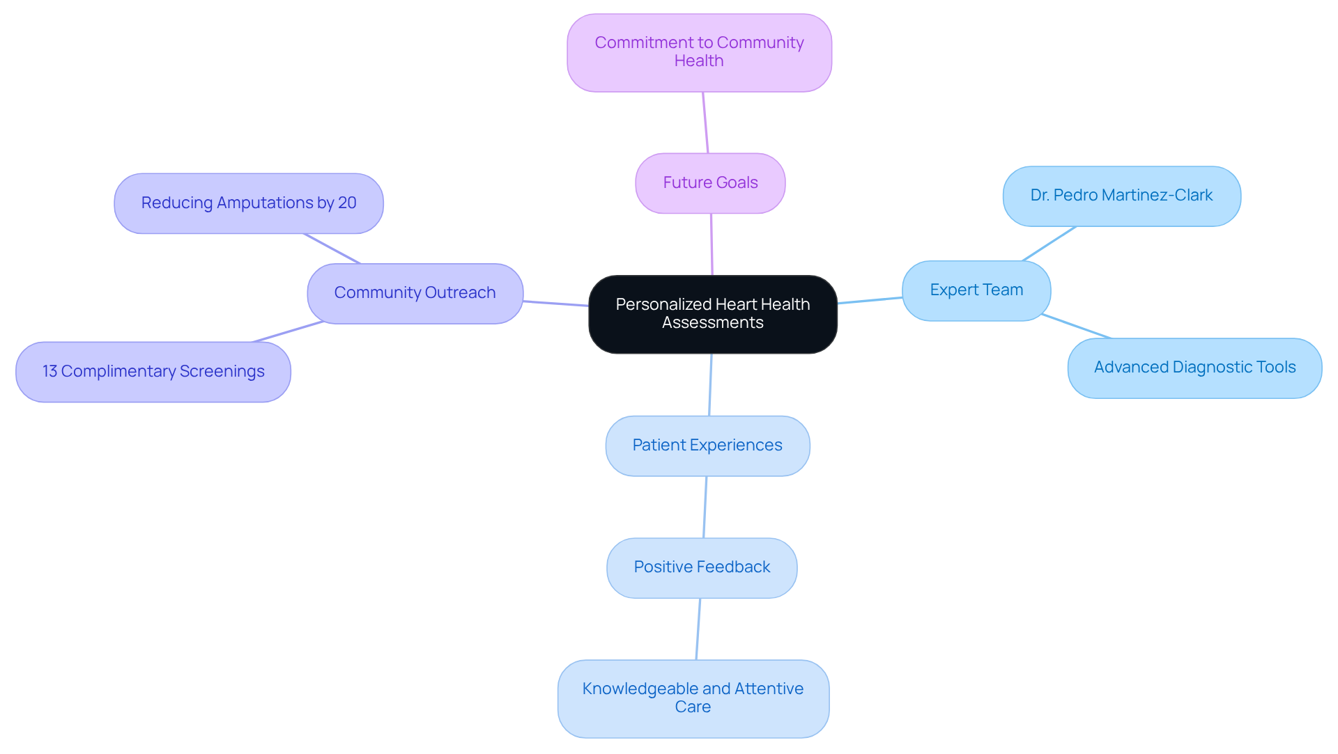 The center represents personalized heart health assessments, with branches showing the expertise, patient feedback, community efforts, and future goals. Each branch highlights important aspects of Amavita's commitment to heart health.