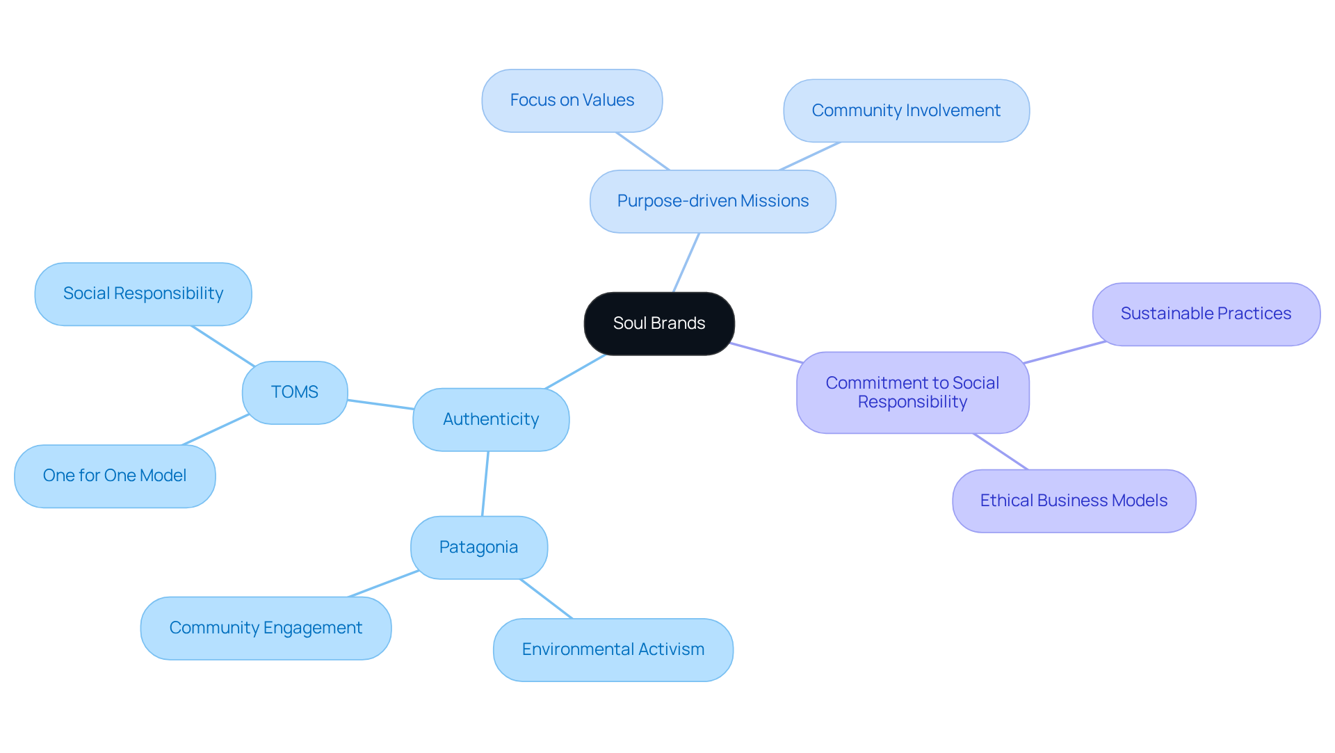 The center represents the idea of soul brands, while the branches show their key traits and real-world examples. Each branch helps you see how these brands connect with consumers on a deeper level. The center represents the idea of soul brands, while the branches show their key traits and real-world examples. Each branch helps you see how these brands connect with consumers on a deeper level.