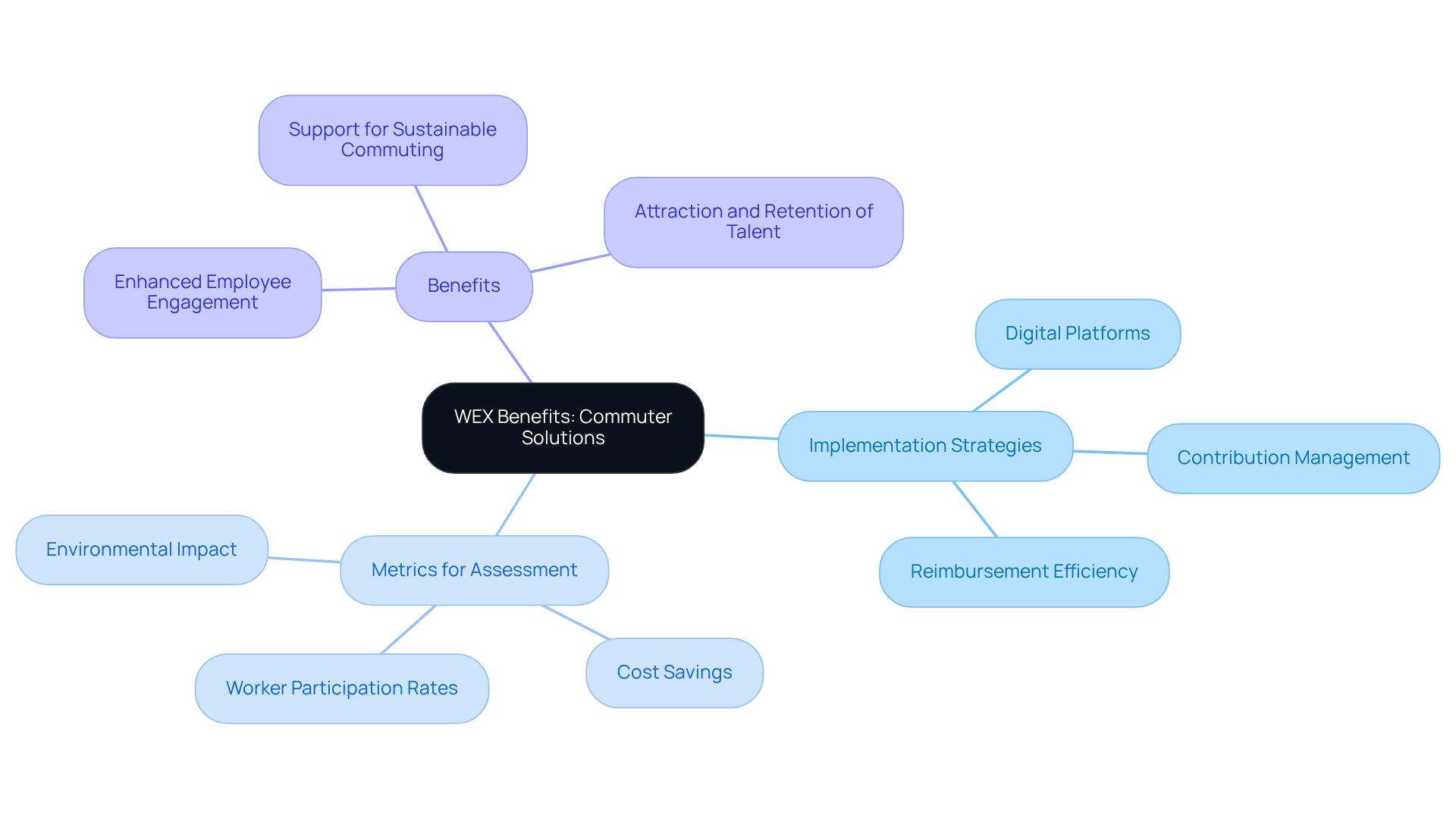 Start at the center with WEX Benefits, then explore the branches to see how they implement solutions and measure success. Each branch represents a key area of focus, helping you understand the overall strategy.