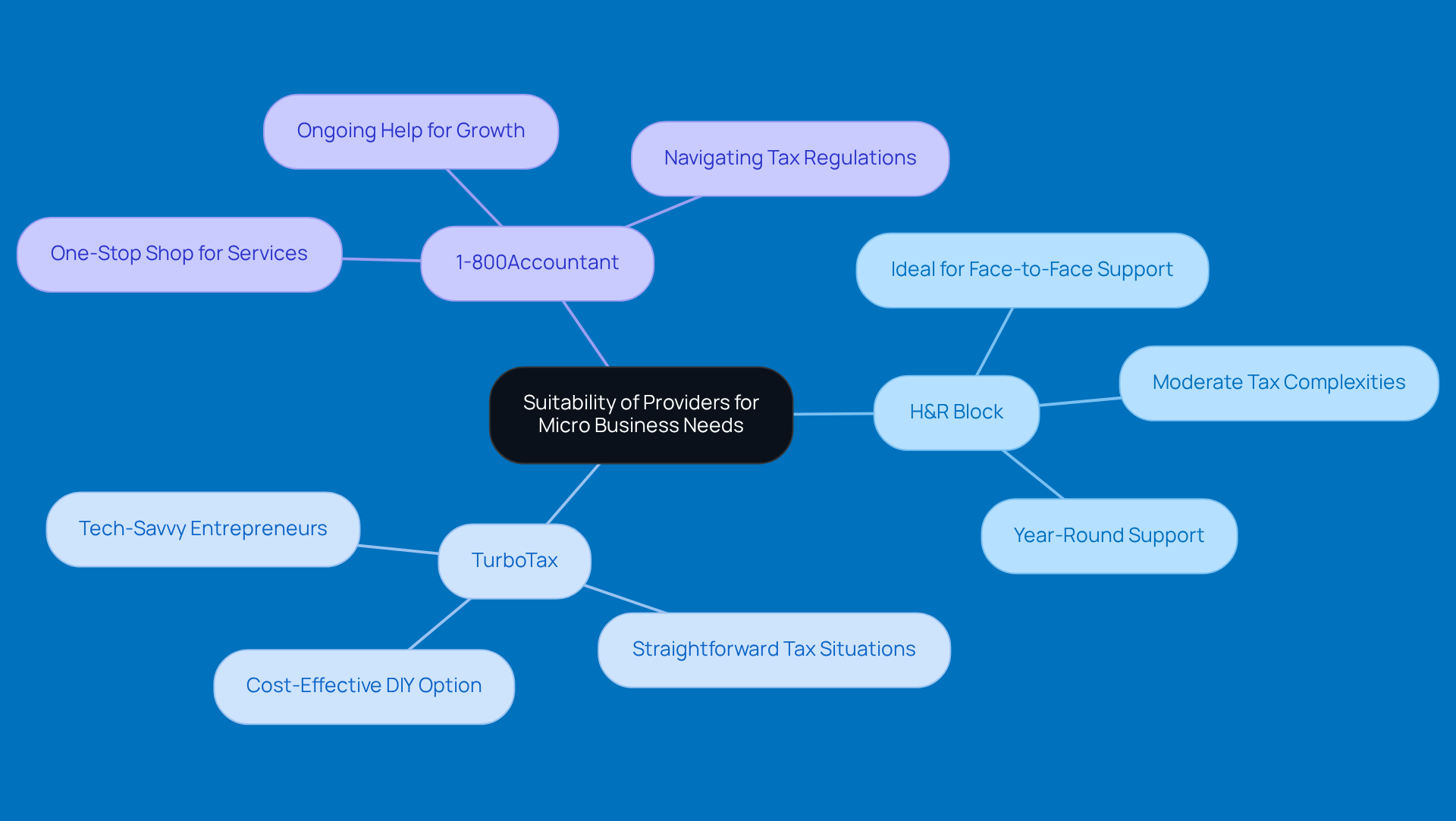 Start at the center with the main topic, then follow the branches to explore each provider's strengths and how they align with different business needs. Each branch represents a provider, and the sub-branches highlight what makes them suitable for specific situations.