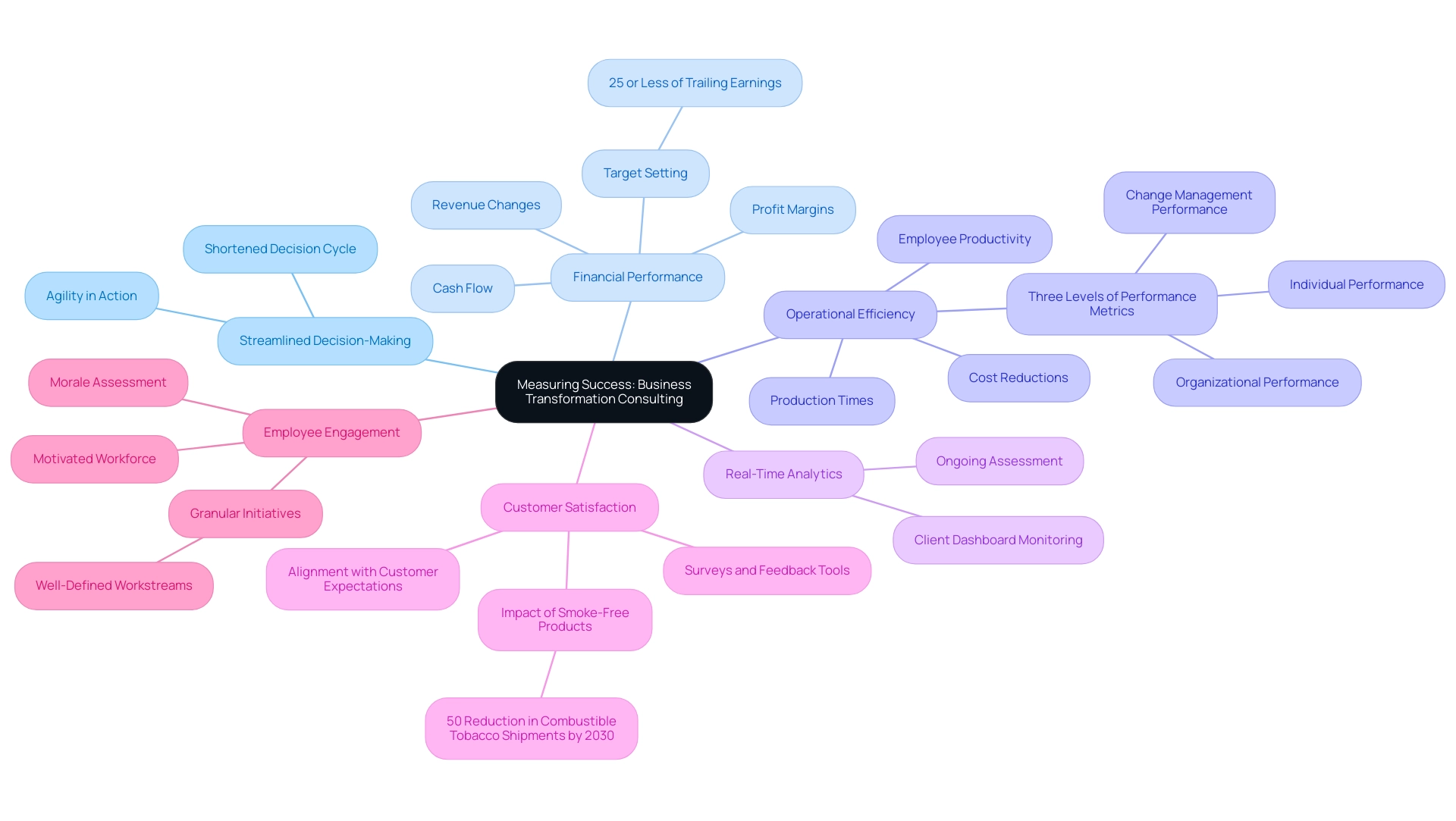 Each branch represents a key success metric category, with sub-branches detailing specific aspects of that metric. Colors differentiate the categories for clarity.