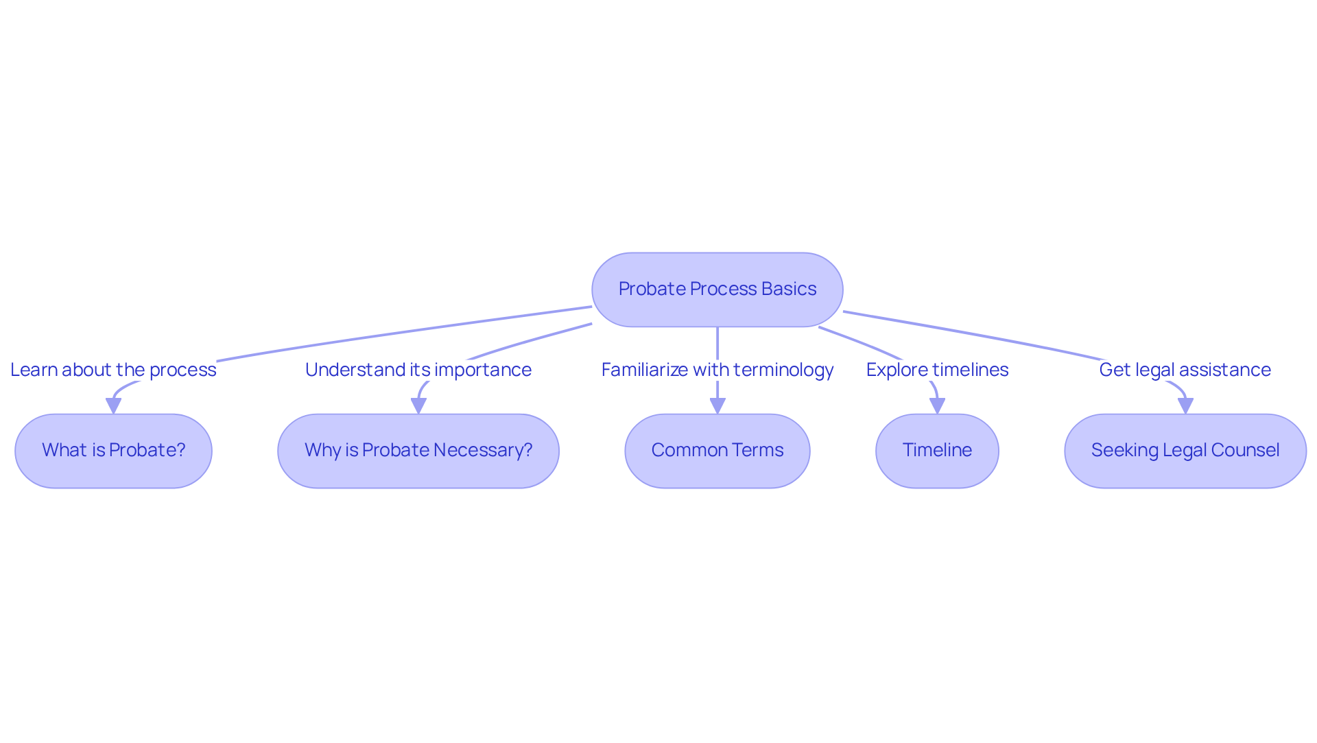 This flowchart guides you through the probate process. Start at the top with the basics, then follow the arrows to learn about each component, from understanding what probate is to the importance of seeking legal help. Each box provides a snapshot of that part of the process.