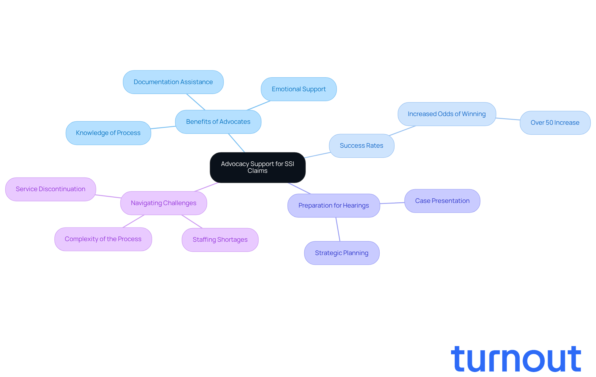 The central node represents the main idea of seeking advocacy support, while the branches show the various benefits and statistics related to working with advocates. Each color-coded branch helps you easily identify different aspects of the advocacy process.