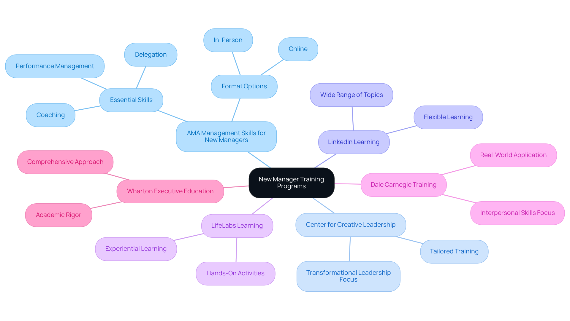 The central node represents the overall theme of new manager training. Each branch shows a specific training program, and the sub-branches detail what makes each program unique. This layout helps you quickly understand your options and what each program offers.