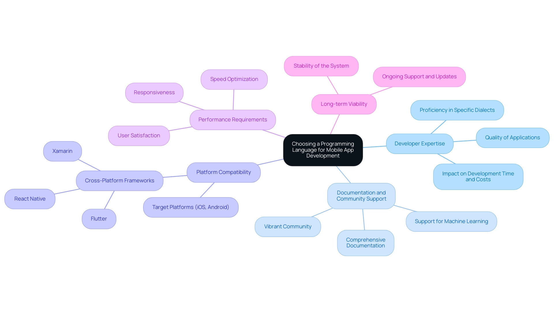 Each branch represents a key consideration in choosing a programming language, with colors differentiating each consideration.