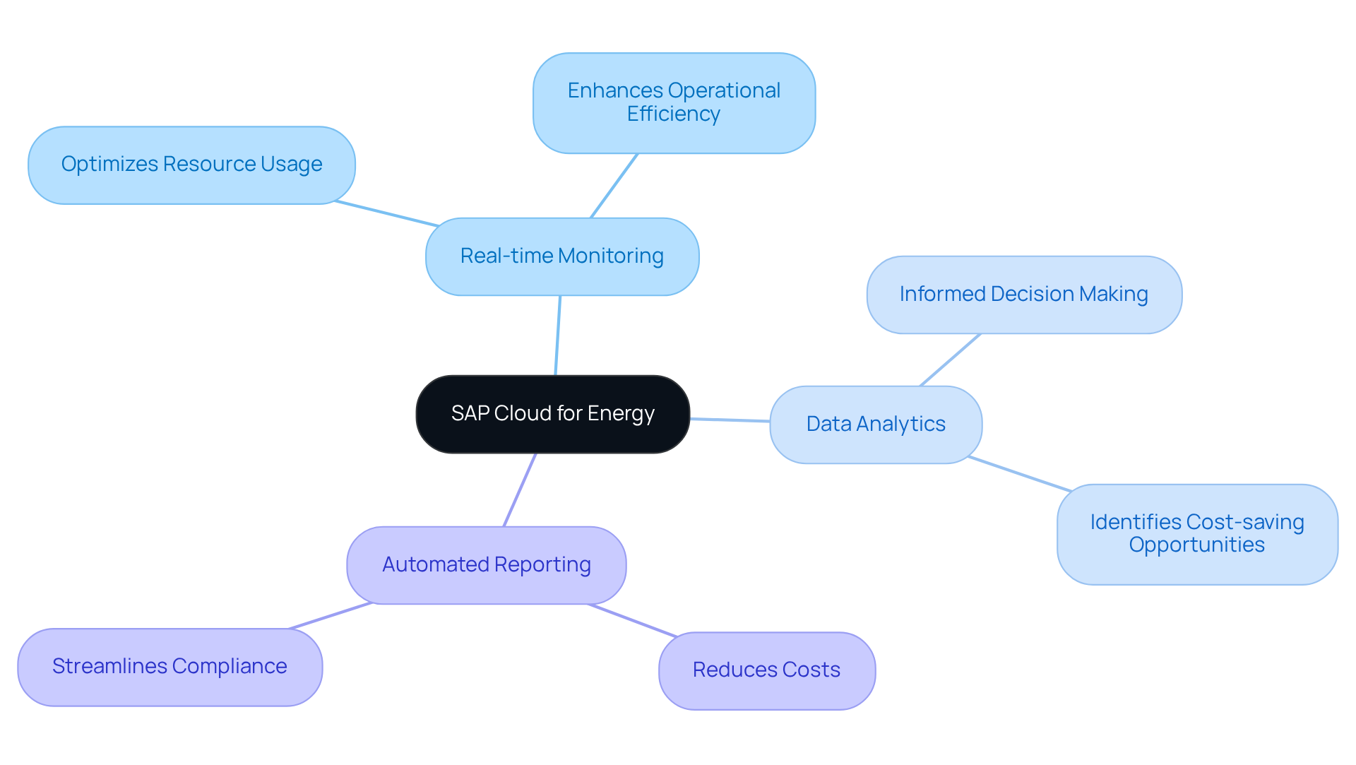 The center shows the main solution, and the branches highlight key features that help organizations manage energy effectively. Each feature connects back to the central goal of optimizing resources and enhancing sustainability.