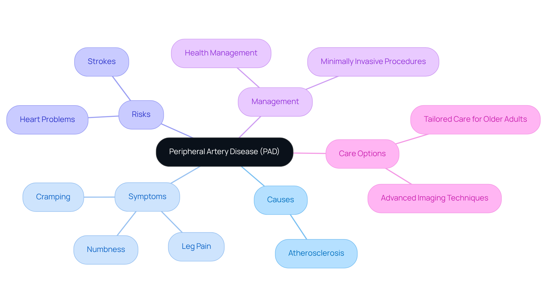 This mindmap starts with PAD at the center and branches out to show its causes, symptoms, risks, and management options. Each branch represents a different aspect of PAD, helping you see how they connect and what you need to know about this condition.