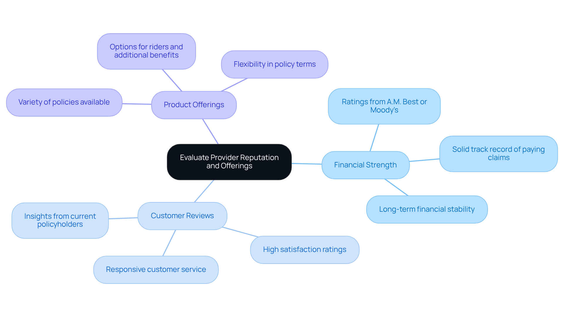 The central node represents the overall evaluation process, while the branches show the key factors to consider. Each sub-branch provides specific details that help you understand what to look for in a provider.