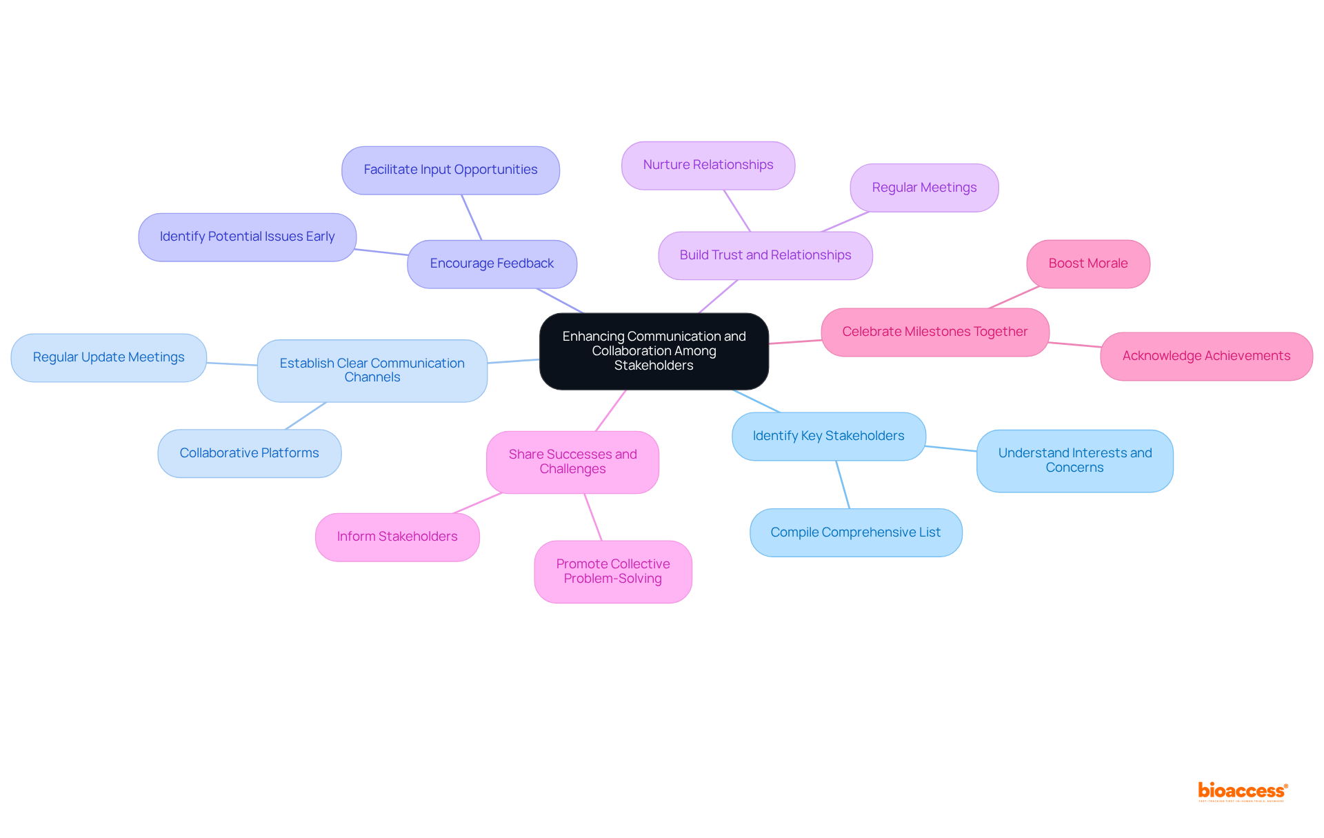 The center of the mindmap highlights the main goal, while each branch represents a strategy to achieve it. Follow the branches to explore how each strategy contributes to improving communication and collaboration among stakeholders.
