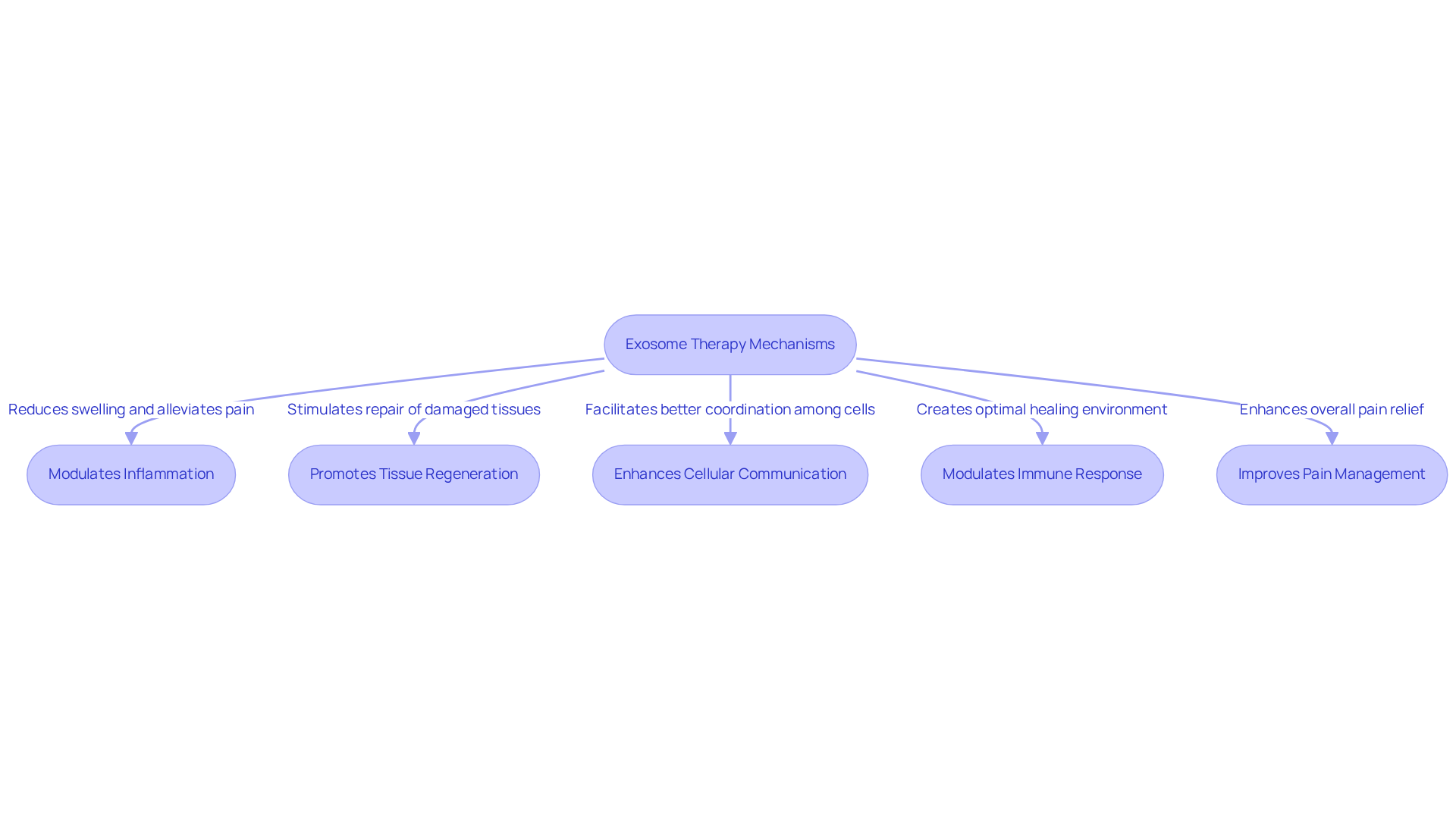 This flowchart illustrates how exosome therapy works to relieve pain. Each box represents a different mechanism that contributes to healing and comfort. Follow the arrows to see how these mechanisms connect and support each other in the treatment process. This flowchart illustrates how exosome therapy works to relieve pain. Each box represents a different mechanism that contributes to healing and comfort. Follow the arrows to see how these mechanisms connect and support each other in the treatment process.