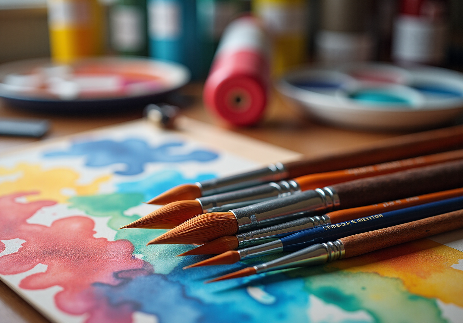 Artistic Workspace with Watercolor Brushes Artistic Workspace with Watercolor Brushes