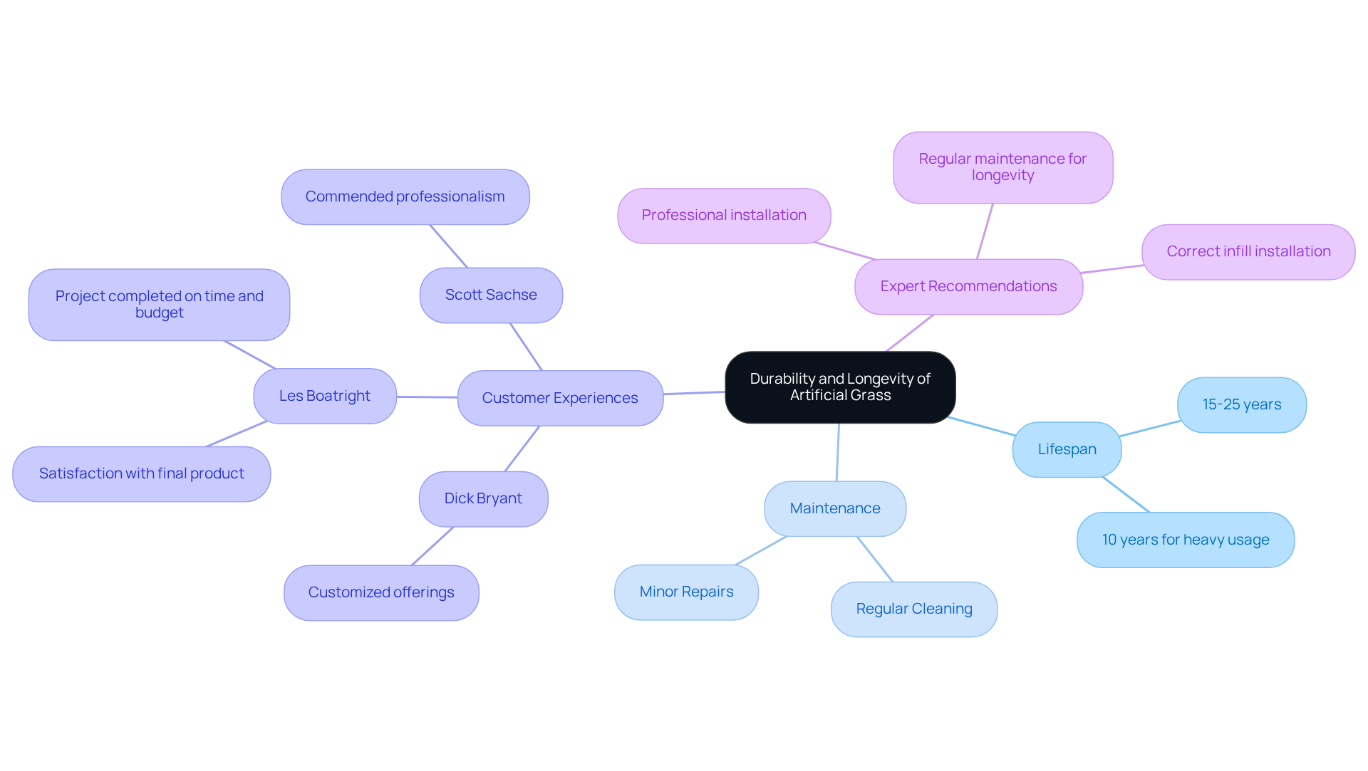 The central node represents the main topic, while branches show related aspects like lifespan and maintenance. Each customer's feedback adds depth to the understanding of the product's performance. The central node represents the main topic, while branches show related aspects like lifespan and maintenance. Each customer's feedback adds depth to the understanding of the product's performance.