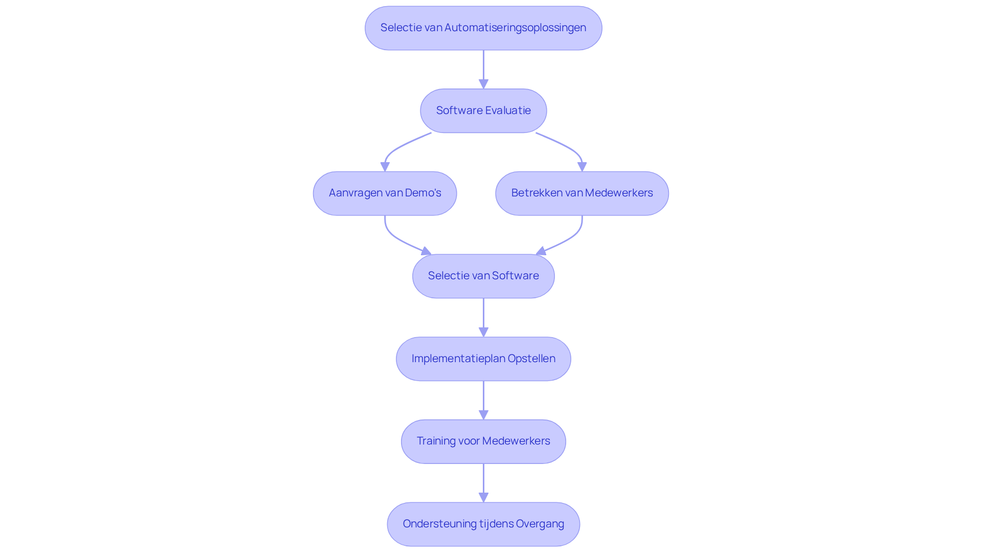 Elke stap in de flowchart vertegenwoordigt een fase in het proces van het selecteren en implementeren van automatiseringssoftware. Volg de pijlen om te zien hoe je van de ene stap naar de volgende gaat.
