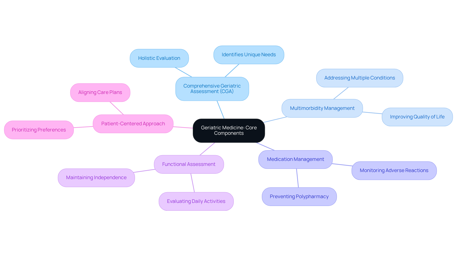 The center represents the main focus of geriatric medicine, and each branch details a core component essential to caring for older adults. Follow the branches to explore how each aspect contributes to patient well-being.