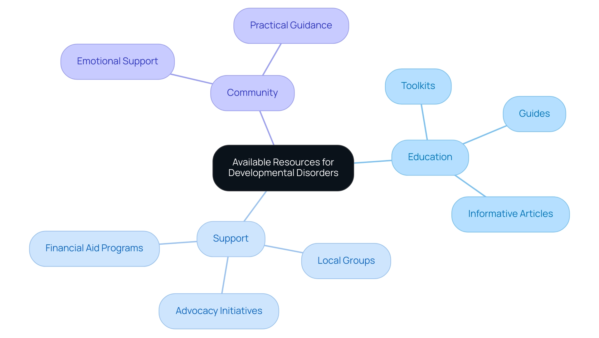 The central node represents the overall resources for developmental disorders, with branches detailing specific categories and their respective sub-resources.