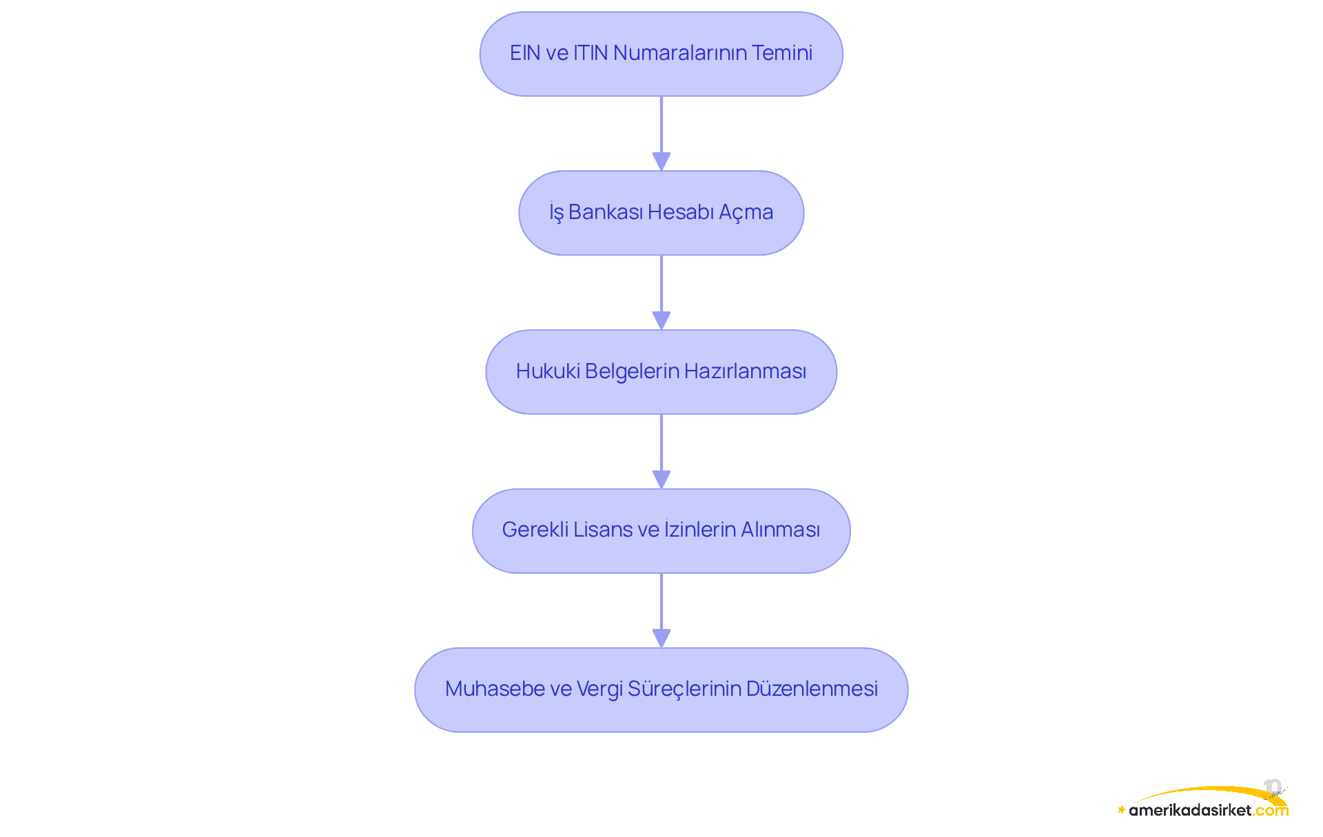 Her kutu, şirketin kuruluşundan sonra atılması gereken bir adımı temsil ediyor. Oklar, adımların sırasını gösteriyor - her adımı takip ederek sürecin nasıl ilerlediğini görebilirsiniz.