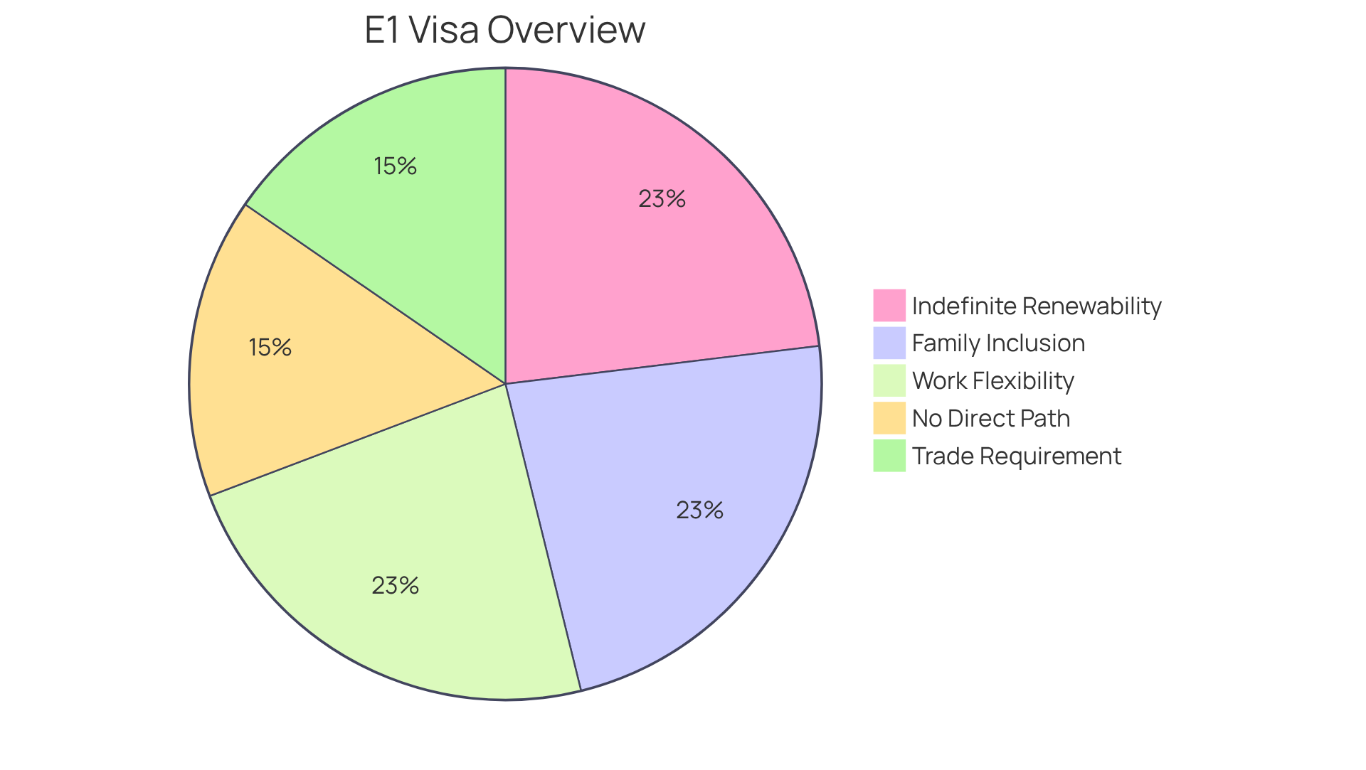 The chart shows the advantages and disadvantages of the E1 visa. The green section represents the benefits you can enjoy, while the red section highlights the limitations you should consider. Each slice gives a quick insight into what you can expect from the E1 visa. The chart shows the advantages and disadvantages of the E1 visa. The green section represents the benefits you can enjoy, while the red section highlights the limitations you should consider. Each slice gives a quick insight into what you can expect from the E1 visa.