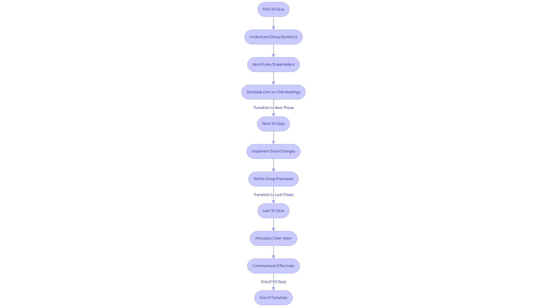 This flowchart outlines the key steps for new leaders over their first 90 days. Each section represents a phase of the transition, guiding you through understanding, action, and vision articulation.