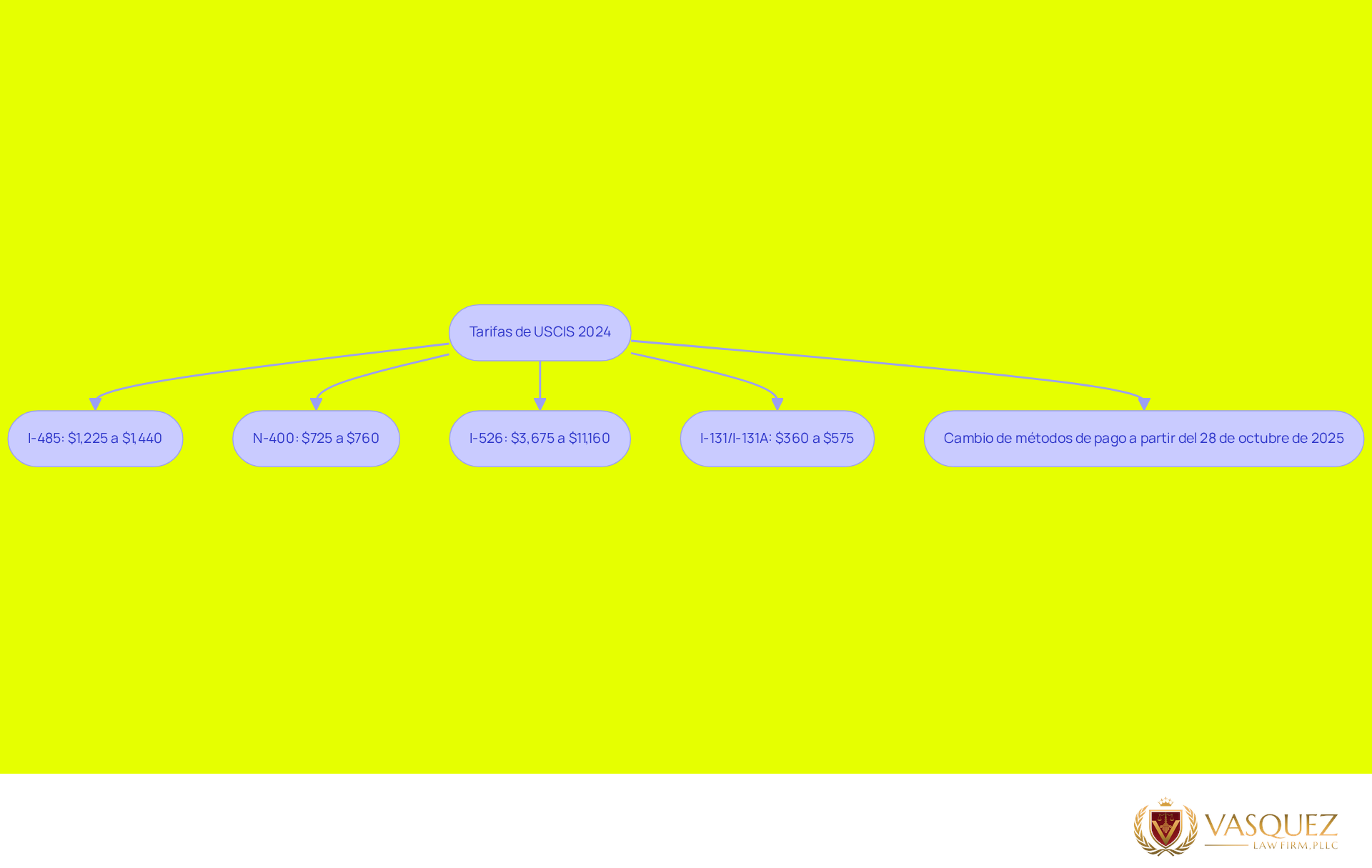 Cada caja muestra un formulario específico y cómo su tarifa ha cambiado, mientras que la última caja indica el cambio en métodos de pago, ayudando a entender el impacto de estos cambios en el proceso de inmigración.