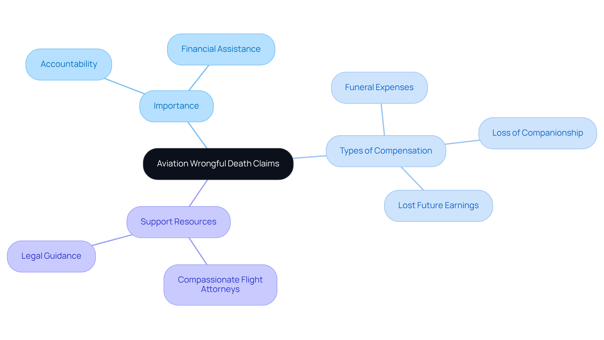 This mindmap starts with the main topic in the center and branches out to show why these claims matter and what families can seek compensation for. Each branch represents a key aspect of the claims, helping you see how everything connects.
