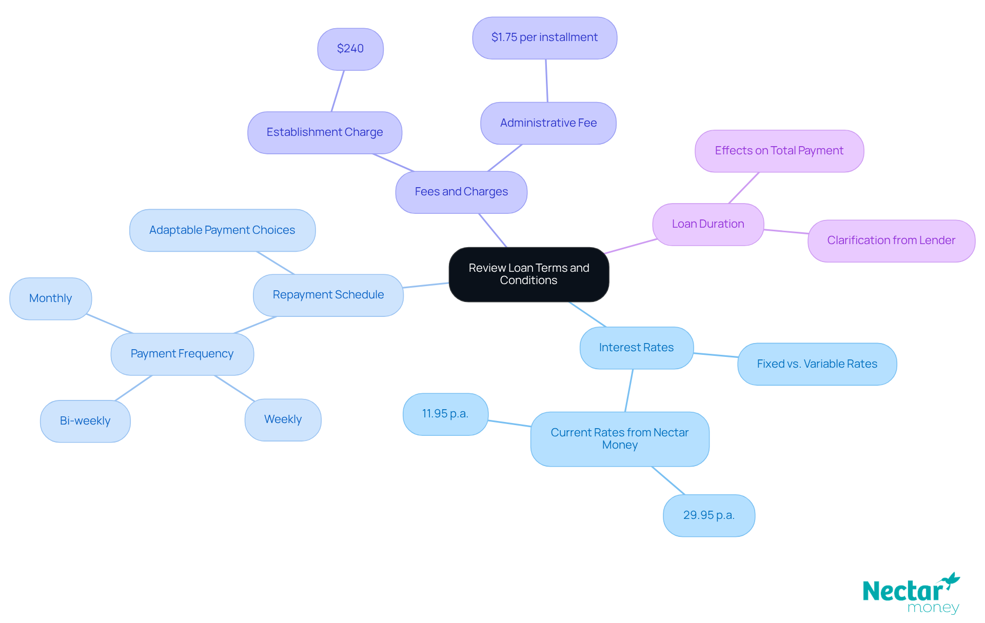 The center represents the overall topic of loan reviews. Each branch dives into critical areas you need to examine, helping you see how different factors can affect your borrowing experience.