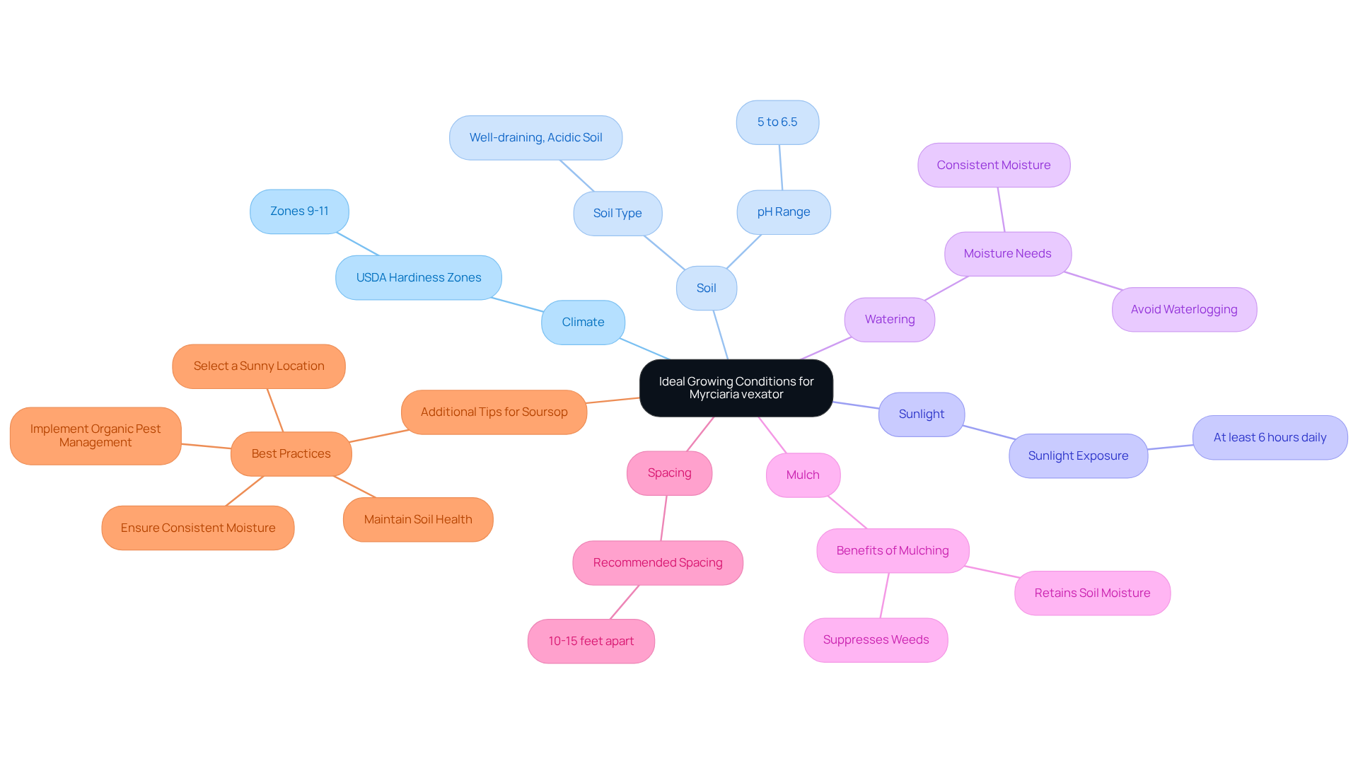The central node represents the main topic of ideal growing conditions, with branches showing specific requirements and best practices. Each color-coded branch provides easy navigation through the different factors that contribute to the plant's healthy growth.