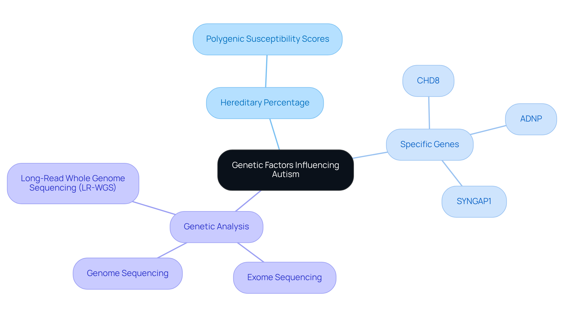 The center represents the main topic of genetic factors in autism. Each branch shows a different aspect, like specific genes or analysis methods, helping you see how they all connect.