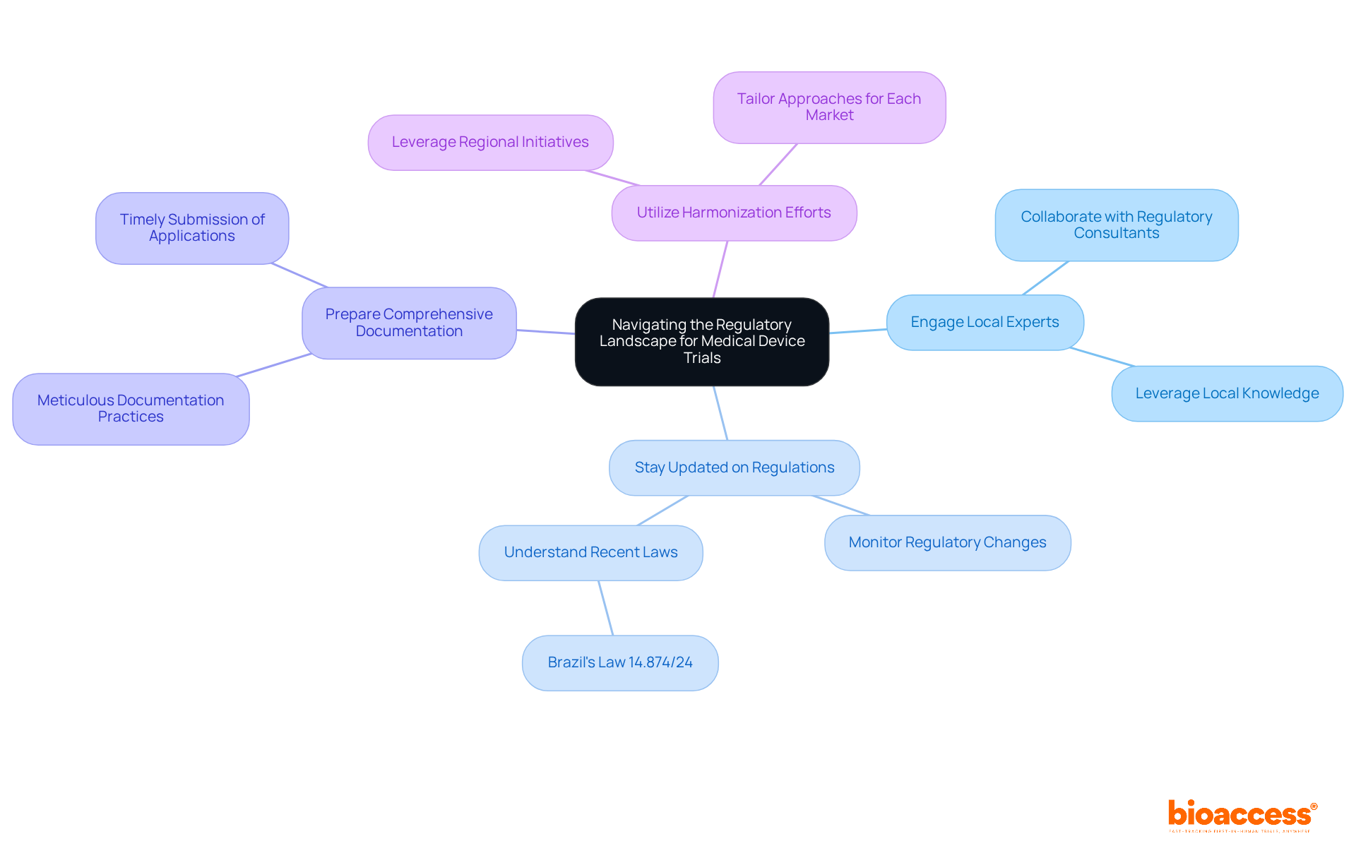 The central node represents the main topic, while the branches show different strategies for navigating regulations. Each sub-branch provides specific actions or insights related to that strategy, helping you understand how to approach compliance effectively.