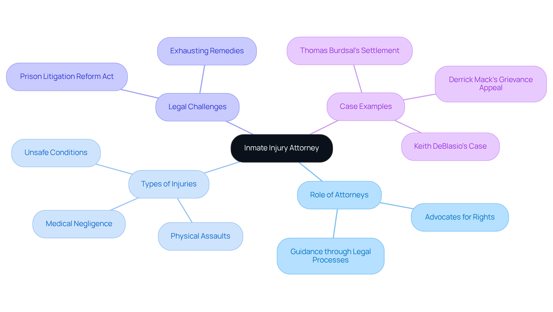 This mindmap illustrates the key aspects of inmate injury attorneys. Start at the center with the main topic, then explore the branches to see how they relate to the role of attorneys, the types of injuries prisoners face, the legal challenges they encounter, and real-life case examples. Each branch helps to clarify the complex landscape of inmate rights and legal representation.