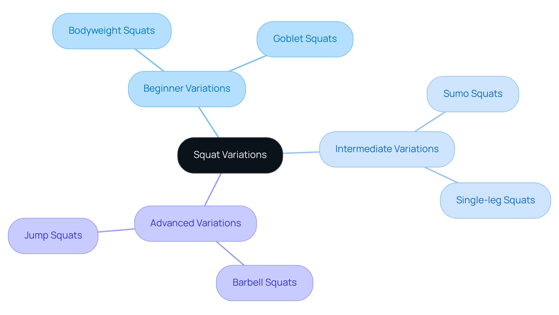 The central node represents squat variations, with branches indicating different levels of difficulty and sub-branches detailing specific types and their targeted muscle groups.