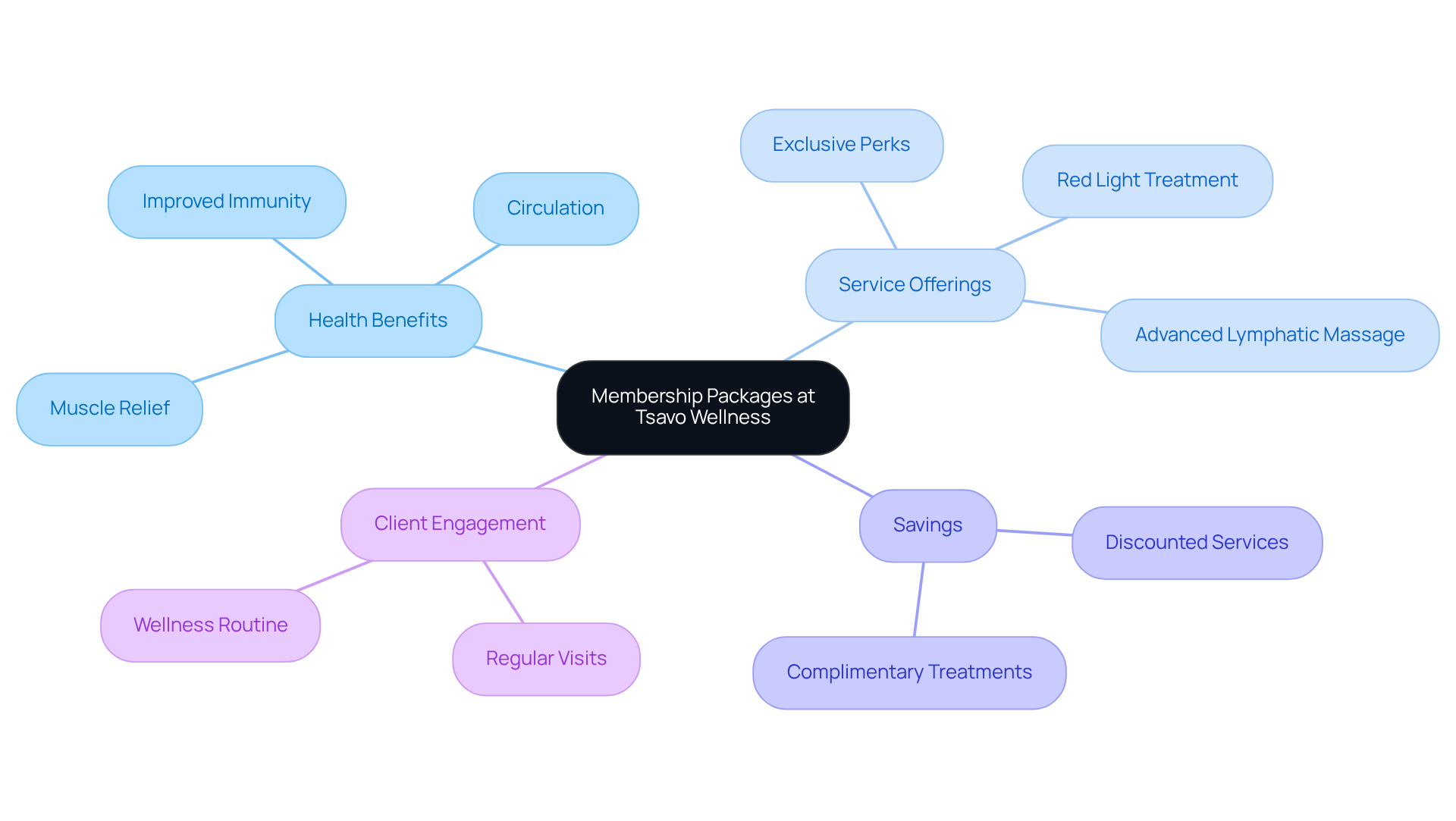 The center represents the main membership concept, while branches show various benefits and services that enhance client wellness. Each branch highlights how these elements contribute to a holistic approach to health.