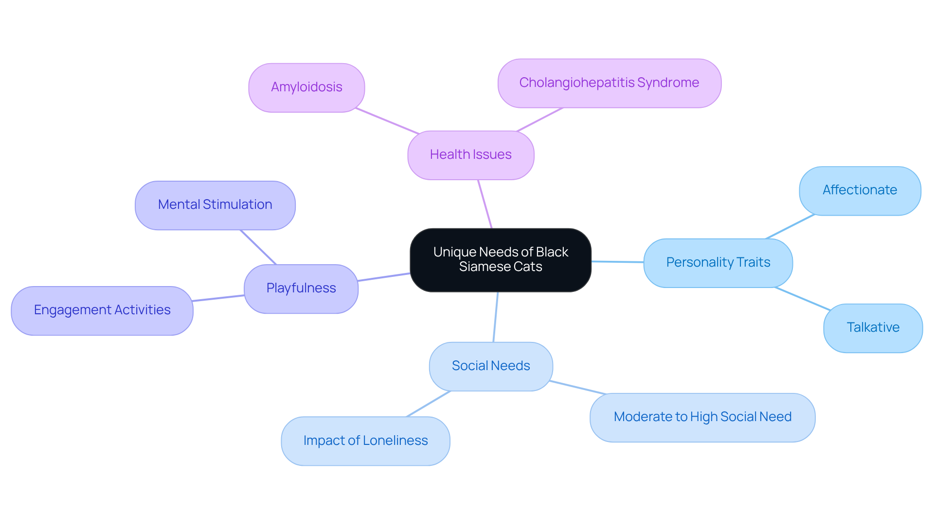 The central node represents the overall theme, and the branches show important characteristics and needs of Black Siamese cats. Each sub-node gives more detail about these traits, helping you to understand how to care for these wonderful companions.