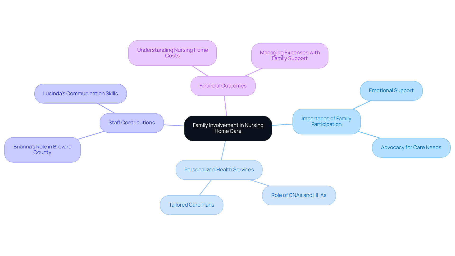 The center represents the core theme of family involvement. The branches show how this involvement influences care quality, staff roles, and financial management in nursing homes. Each color-coded area helps you see the connections easily.