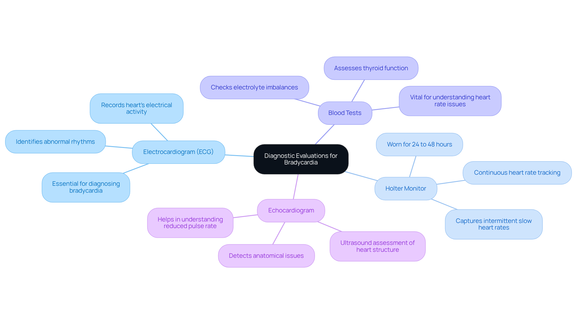 The center represents the main topic of diagnostic evaluations for bradycardia. Each branch shows a different evaluation method, with further details on what each method does and why it's important.