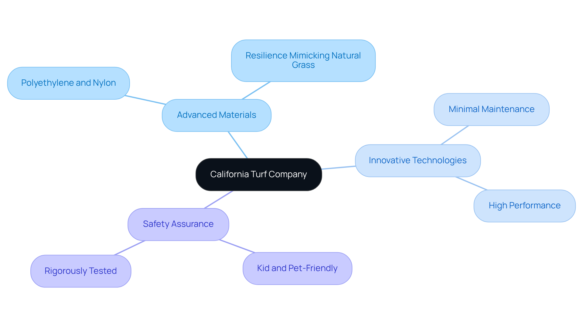 The center shows the company, and the branches highlight key features of their turf solutions. Each branch gives more details about what makes their products special. The center shows the company, and the branches highlight key features of their turf solutions. Each branch gives more details about what makes their products special.