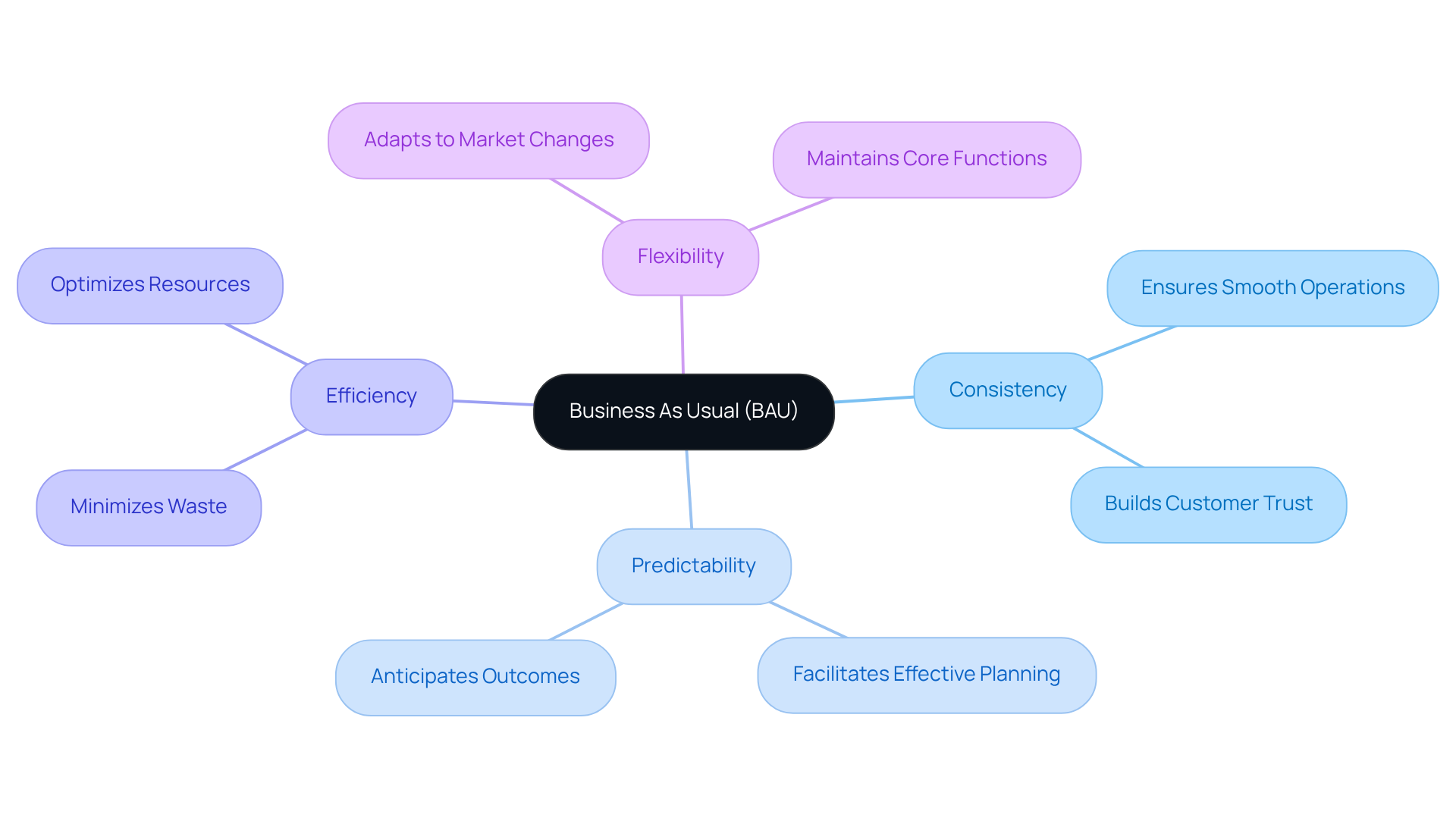 Start at the center with BAU, then follow the branches to explore each key characteristic. Each color represents a different aspect, helping you understand how they contribute to a stable business environment.