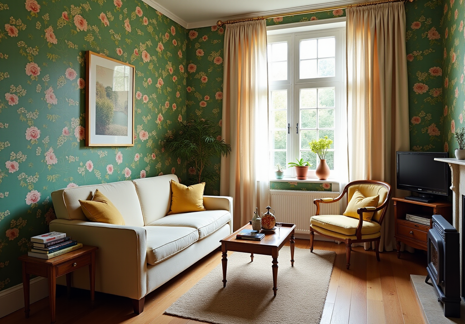 Stylish Living Room with Botanical Wallpaper and Sheer Curtains Stylish Living Room with Botanical Wallpaper and Sheer Curtains