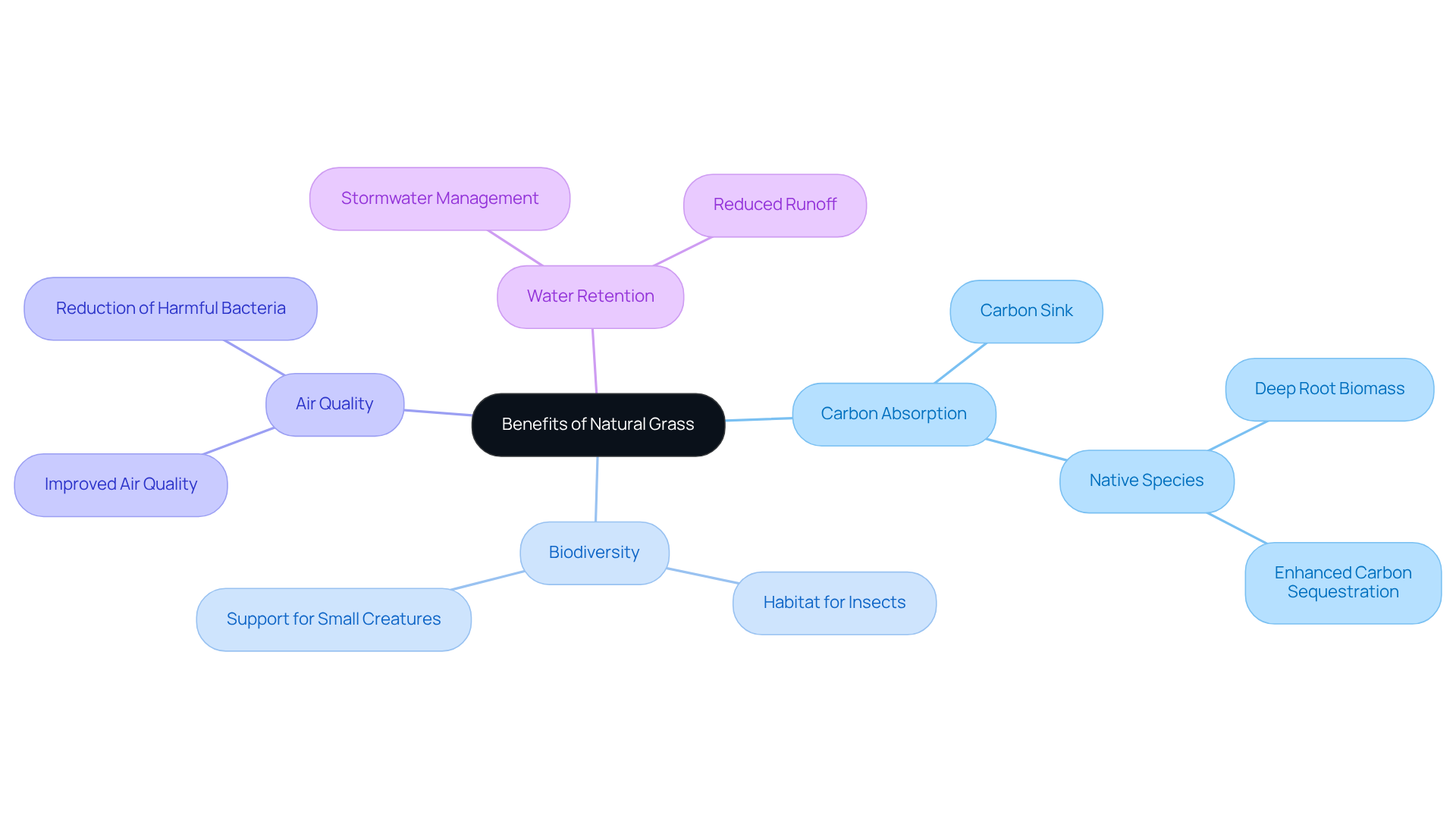 The central node represents the overall benefits of natural grass, while the branches show specific advantages. Each sub-branch provides more detail about how natural grass contributes to environmental health and sustainability.