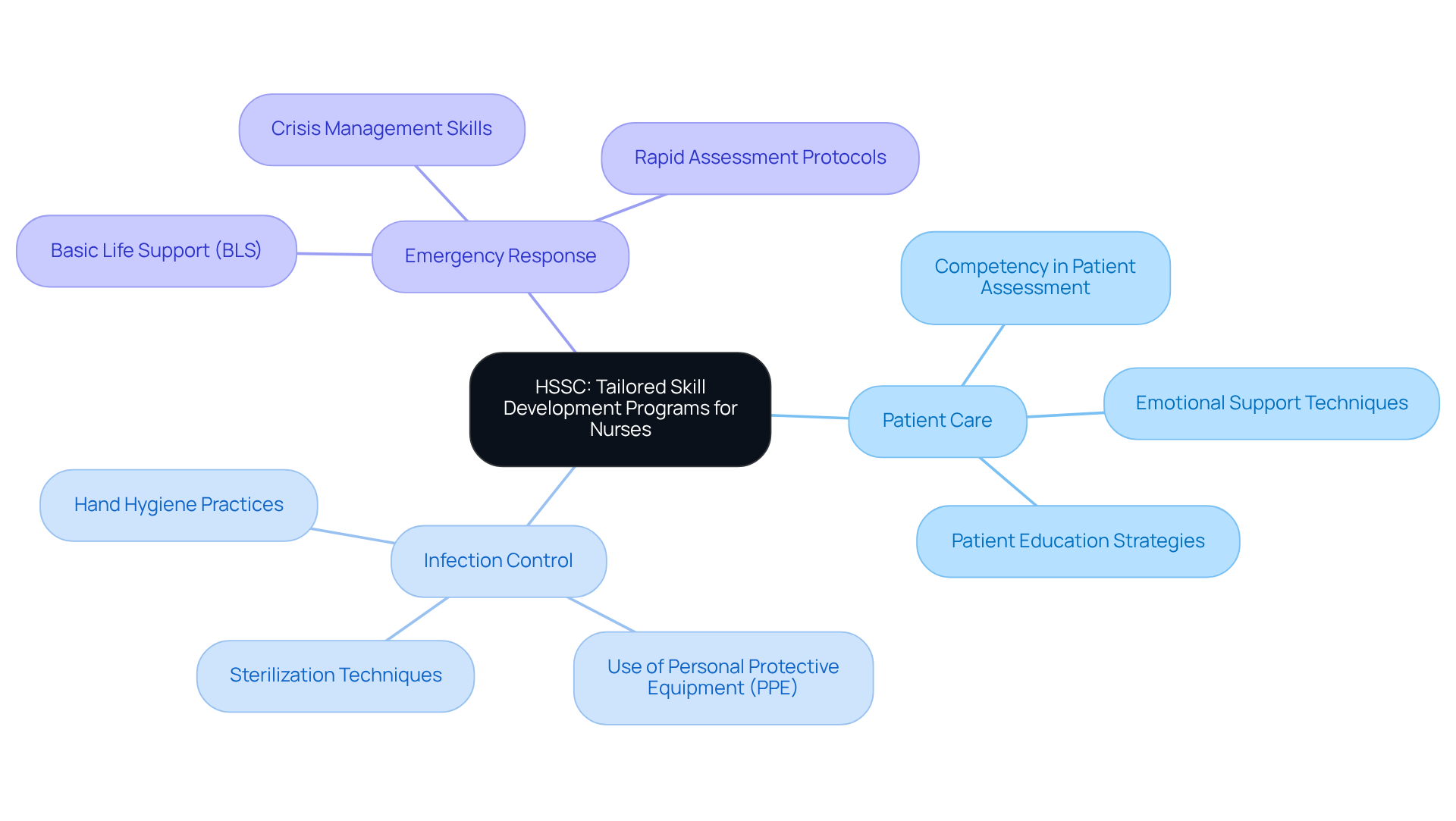 The central node represents HSSC's initiative, while the branches show the key focus areas for skill development. Each area is crucial for preparing nurses for modern healthcare challenges.