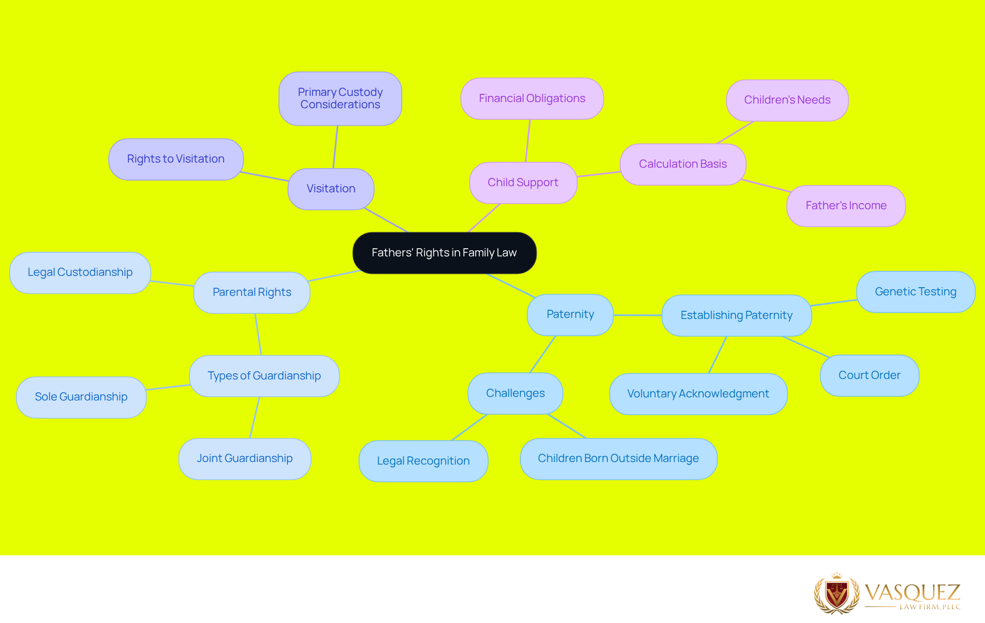This mindmap illustrates the key concepts surrounding fathers' rights. Start at the center with 'Fathers' Rights in Family Law', then explore each branch to learn about paternity, parental rights, visitation, and child support. Each branch provides insights into the rights and obligations fathers have, helping you navigate family law effectively.