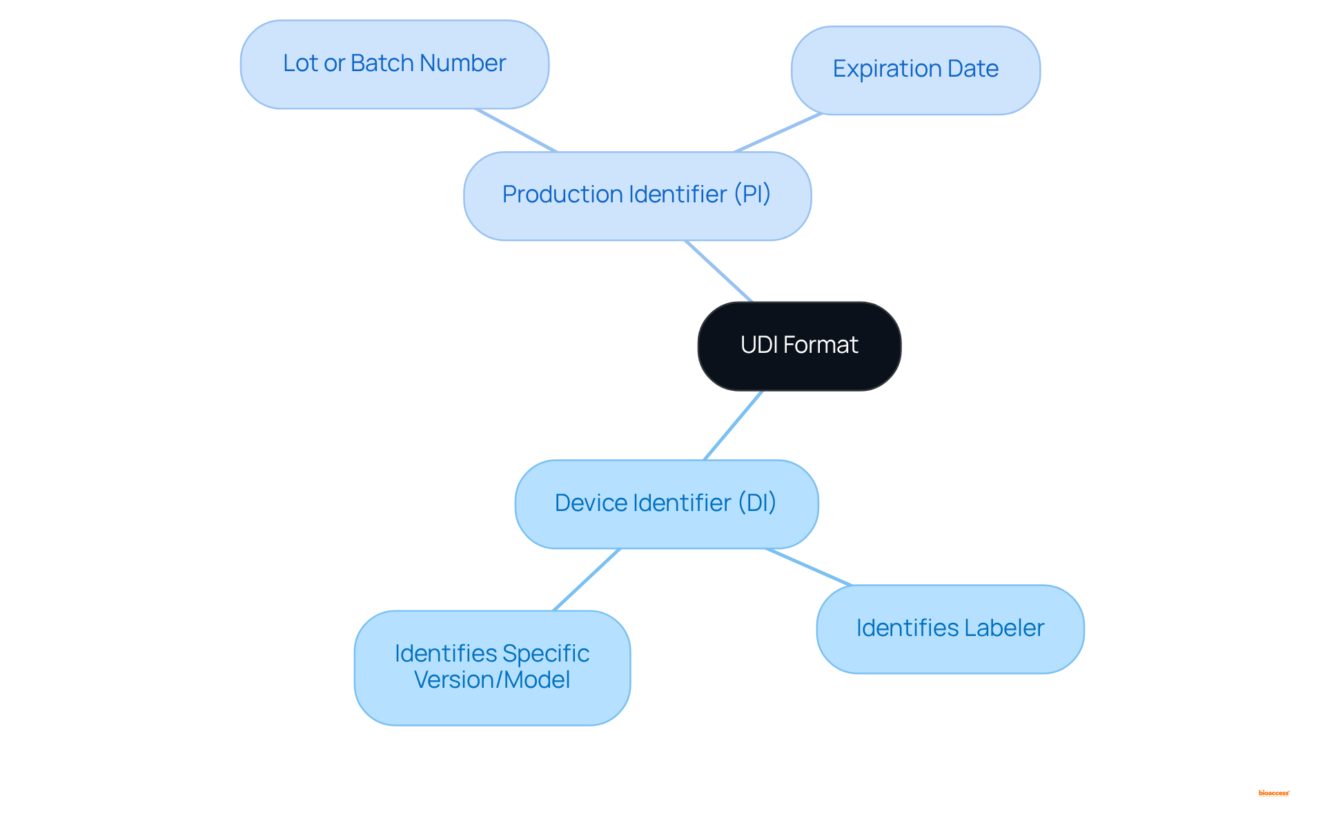The central idea represents the UDI format, with branches showing its two key components and their respective details. This layout helps you see how each part contributes to effective tracking and compliance.