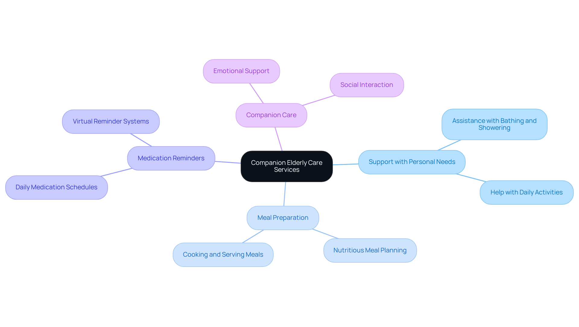 The central node represents the overall care theme, while the branches showcase specific services available to support elderly individuals. Each service is designed to enhance their quality of life and independence.