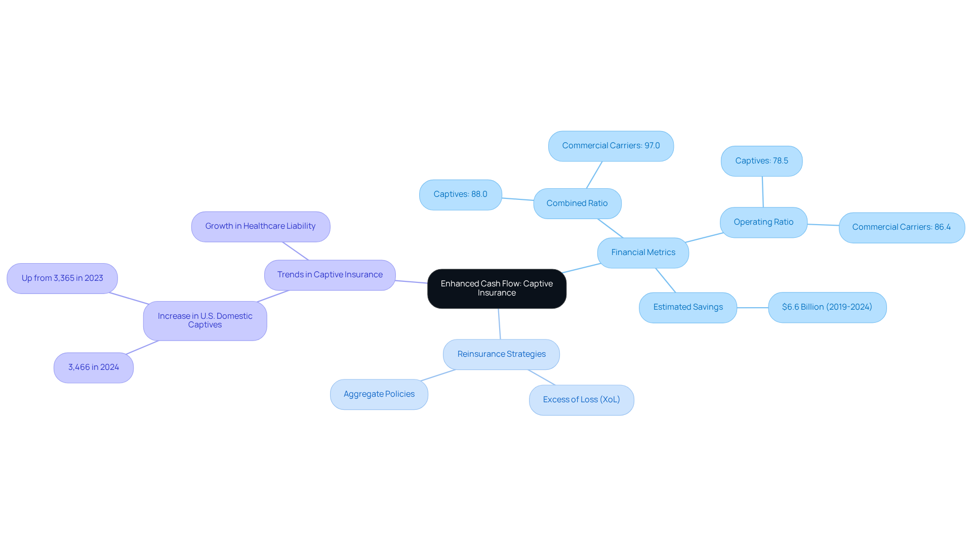 The central node represents the main topic, while the branches show related areas of focus. Each sub-branch provides specific details or metrics that support the overall theme of financial stability through captive insurance.