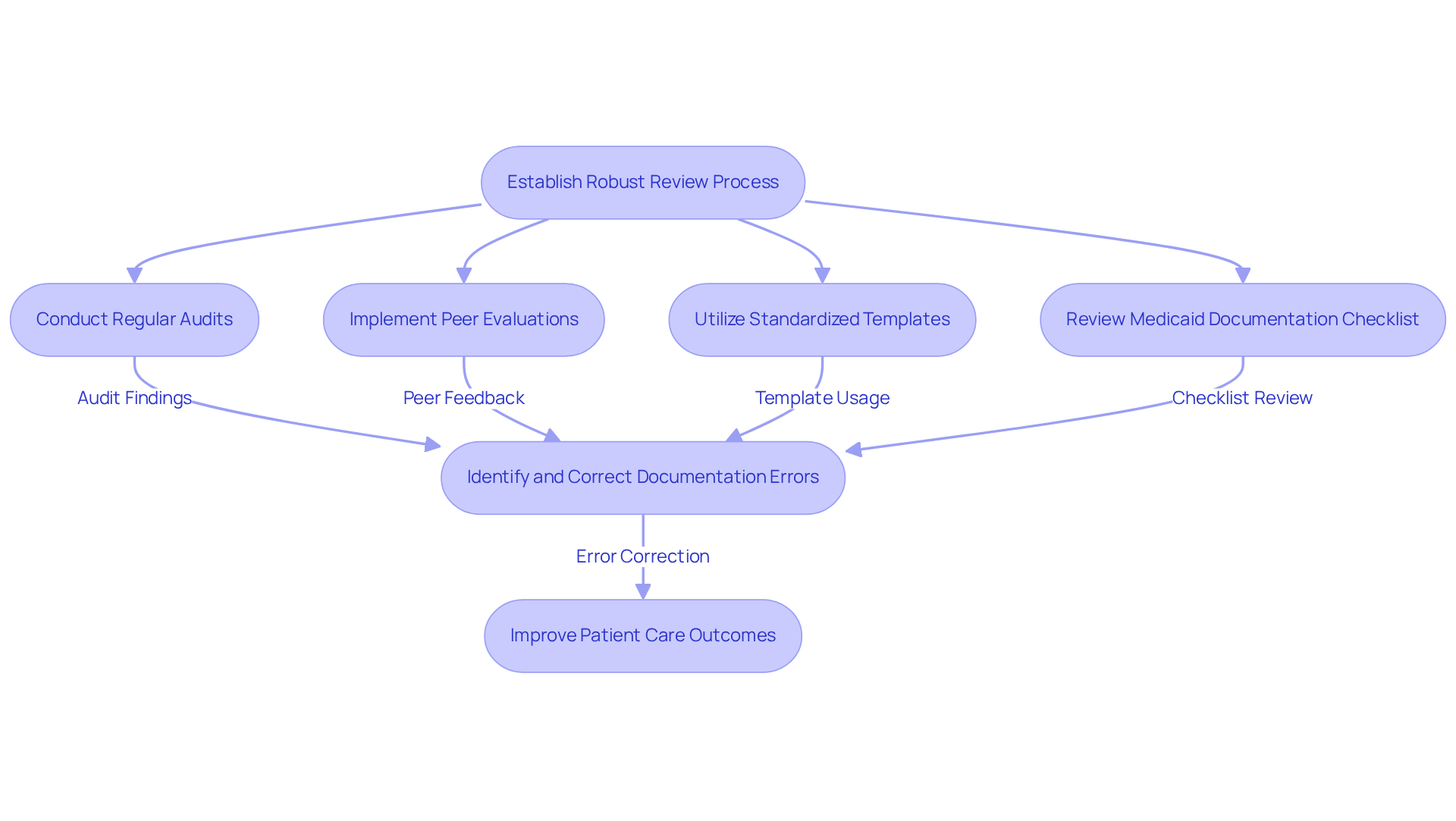 Follow the arrows to see how each step connects in the review process. Each box represents an action that contributes to identifying and correcting documentation errors, ultimately improving patient care.