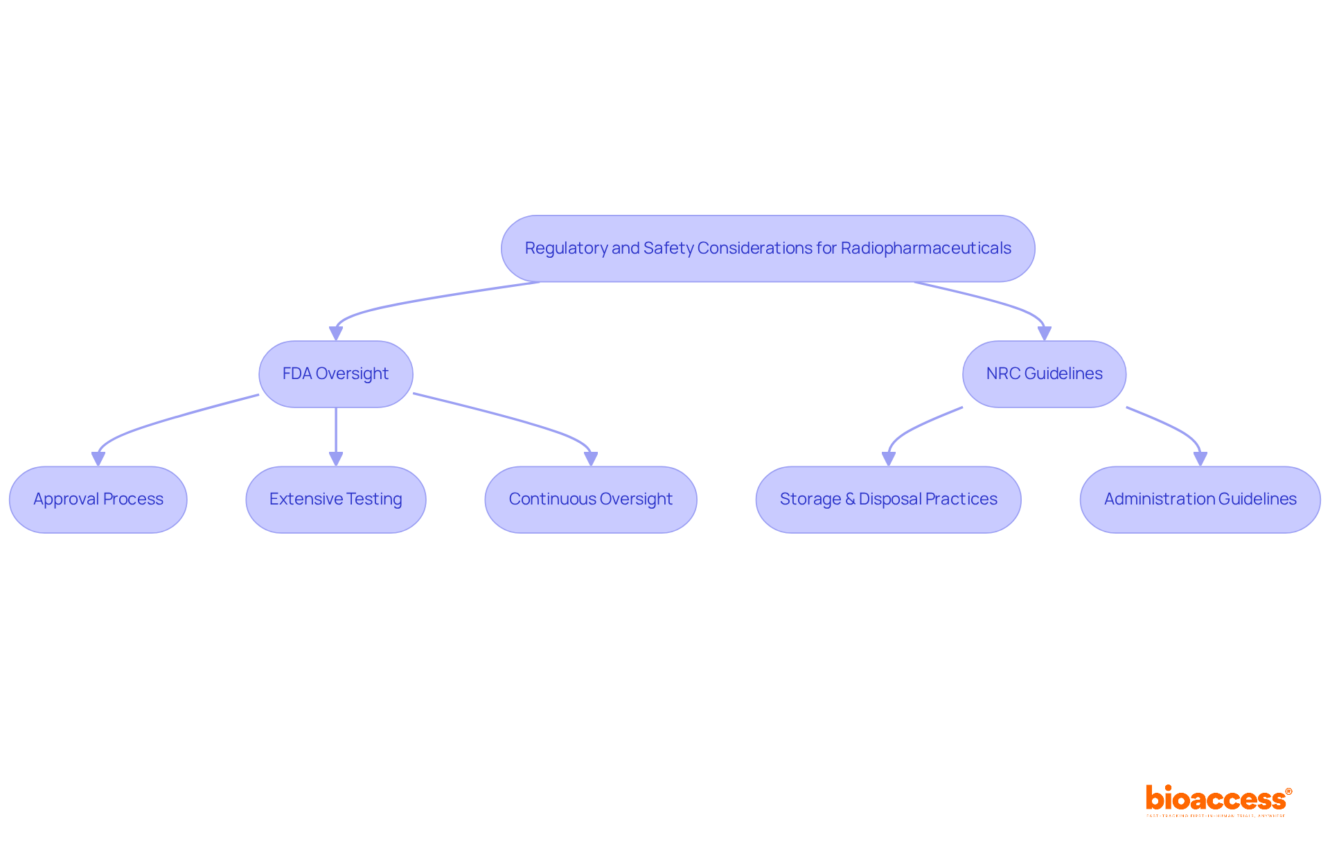 This flowchart outlines how the FDA and NRC ensure the safety of radioactive medications. Each box represents a step in the regulatory process and safety protocols, showing how they connect to maintain safety in patient care.