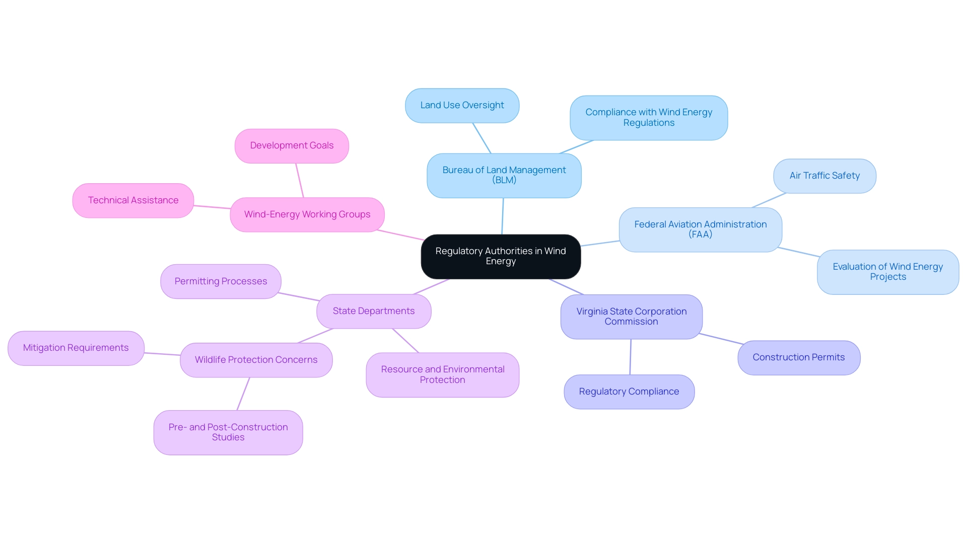 Each branch represents a regulatory authority, with sub-branches detailing their specific roles and responsibilities in overseeing wind energy initiatives.