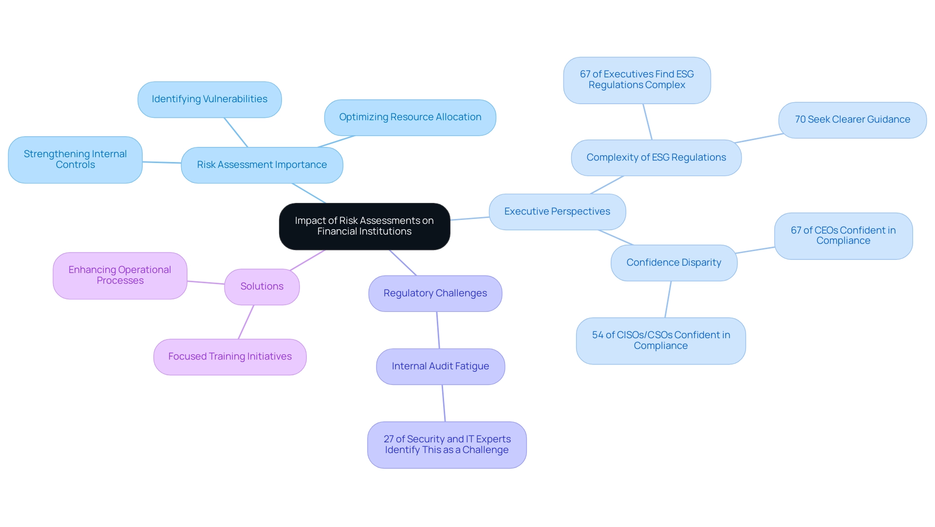 The central node represents the overall impact of risk assessments, with branches showing key areas such as executive perspectives, regulatory challenges, and proposed solutions.