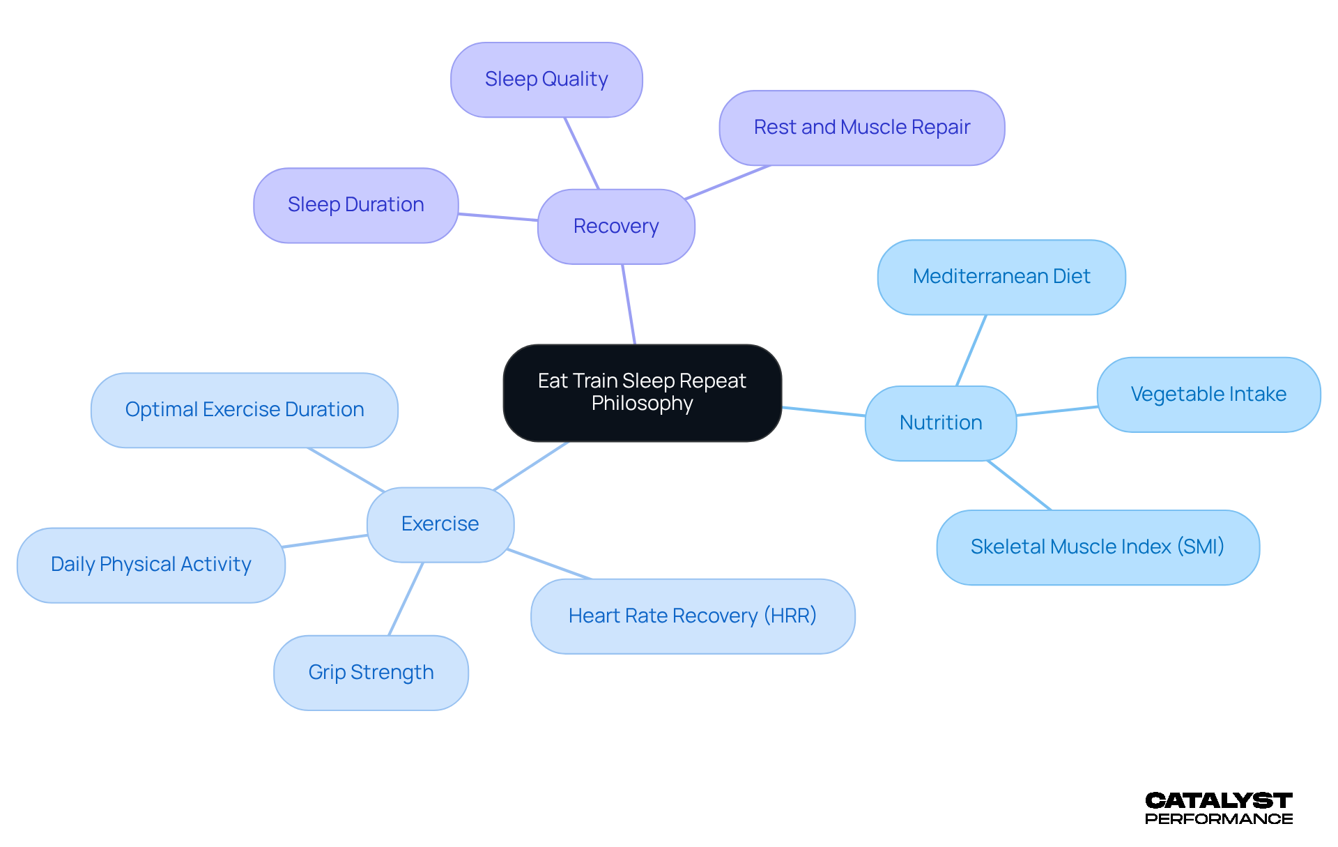 Start at the center with the main philosophy, then explore each branch to see how nutrition, exercise, and recovery connect and what metrics can help you achieve better health.
