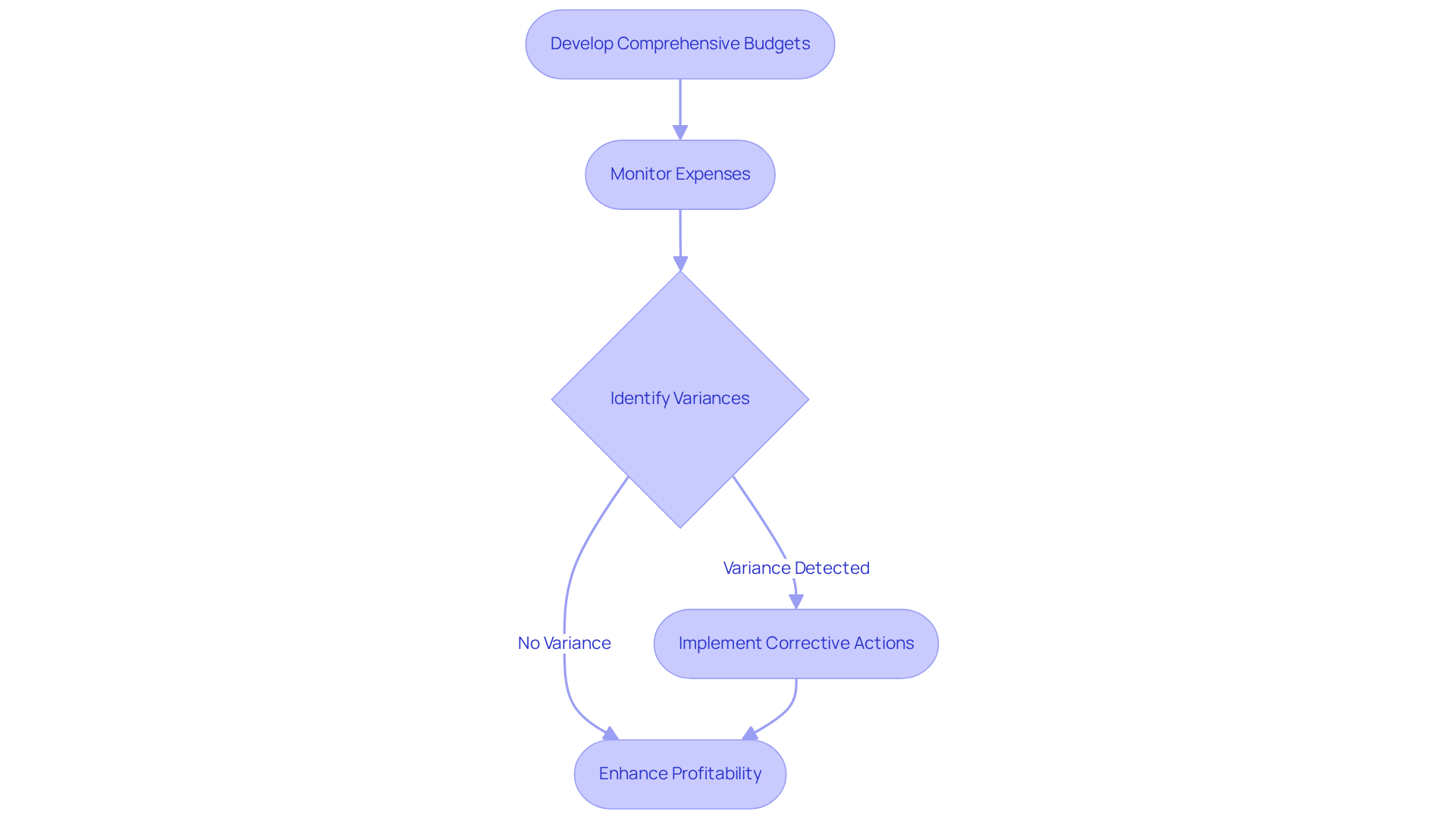 This flowchart outlines the steps in effective budgeting. Start at the top with budget development, then follow the arrows to see how each step connects and contributes to improving profitability and project success. This flowchart outlines the steps in effective budgeting. Start at the top with budget development, then follow the arrows to see how each step connects and contributes to improving profitability and project success.