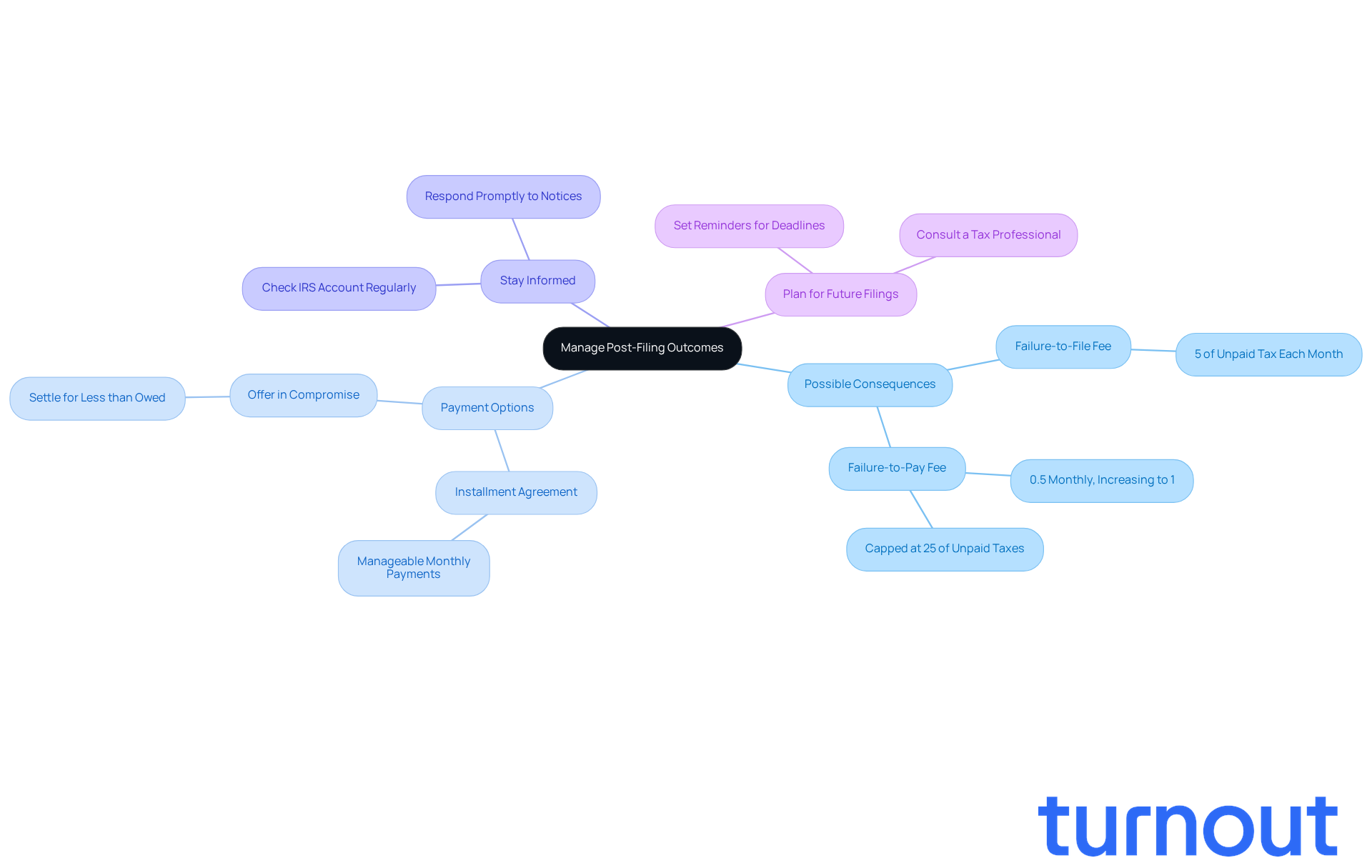 The center represents the main topic, and each branch shows a key area of focus. Follow the branches to explore penalties, payment options, and strategies for staying informed and planning ahead.